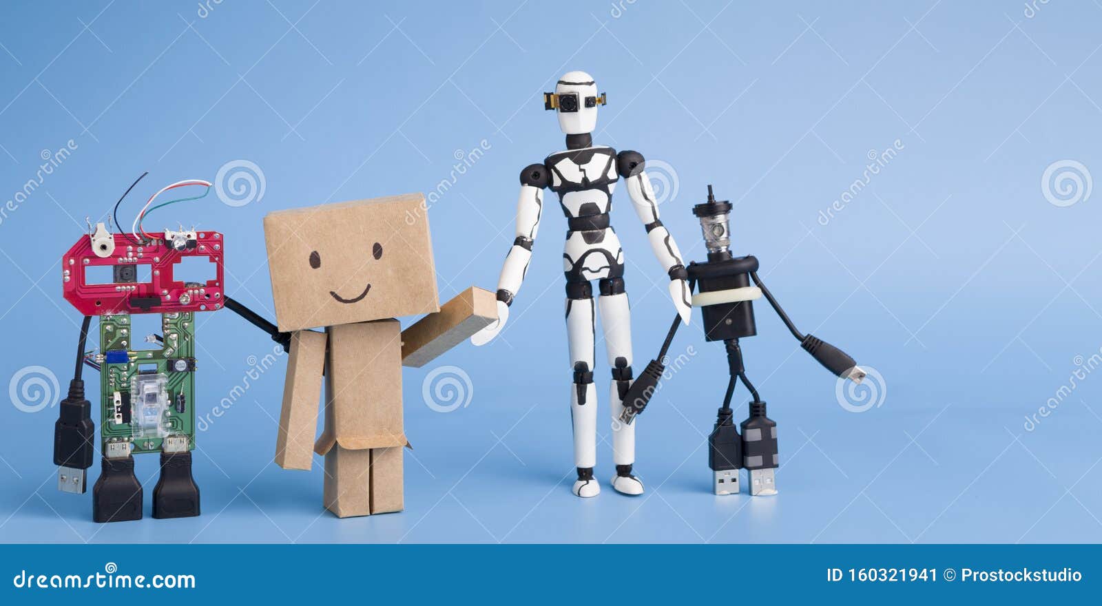 Four Different Handmade Robots on Blue Background Stock Image - Image ...