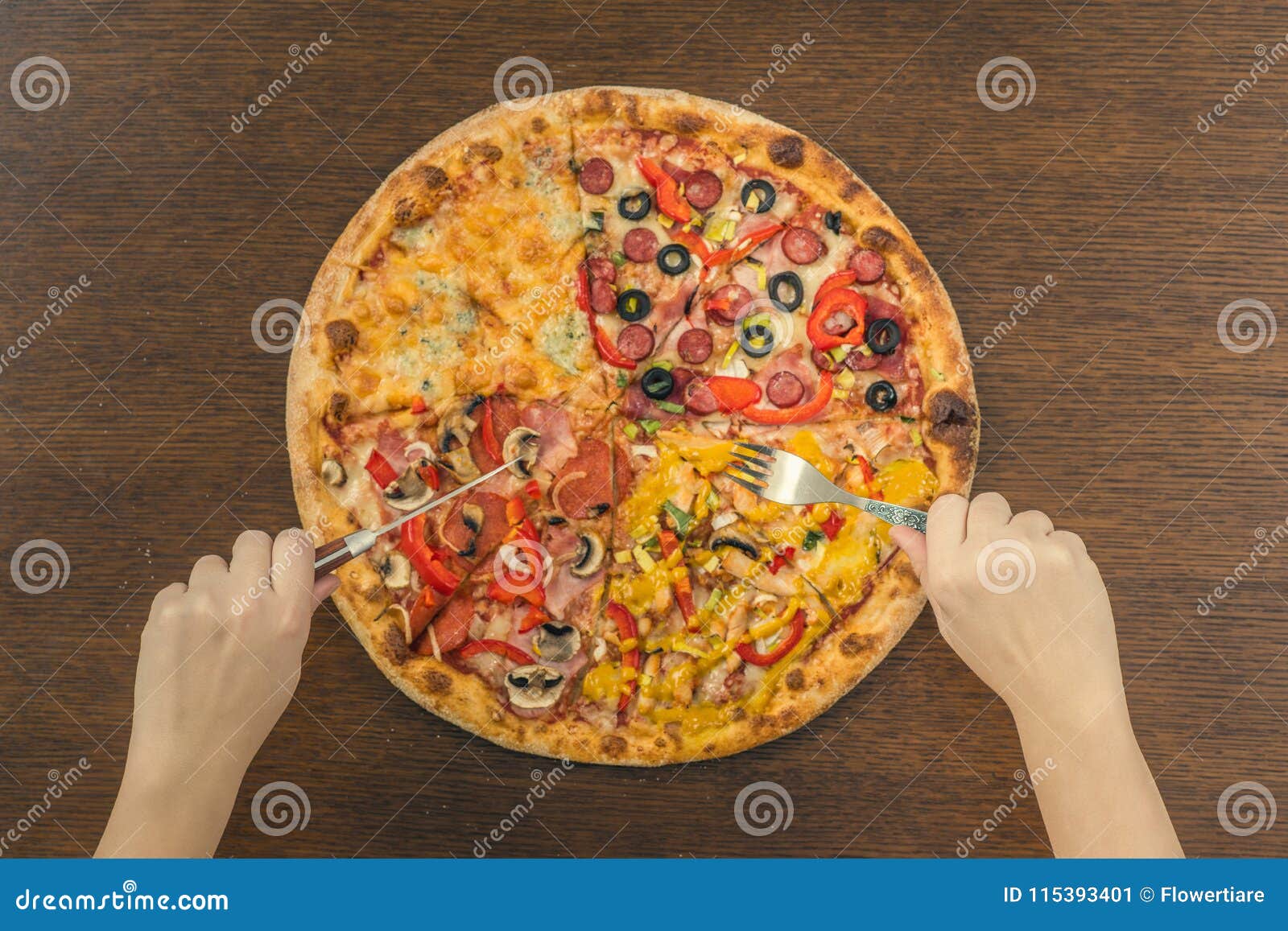 Four Different Parts of Pizza with Knife on the Wooden Table Stock ...