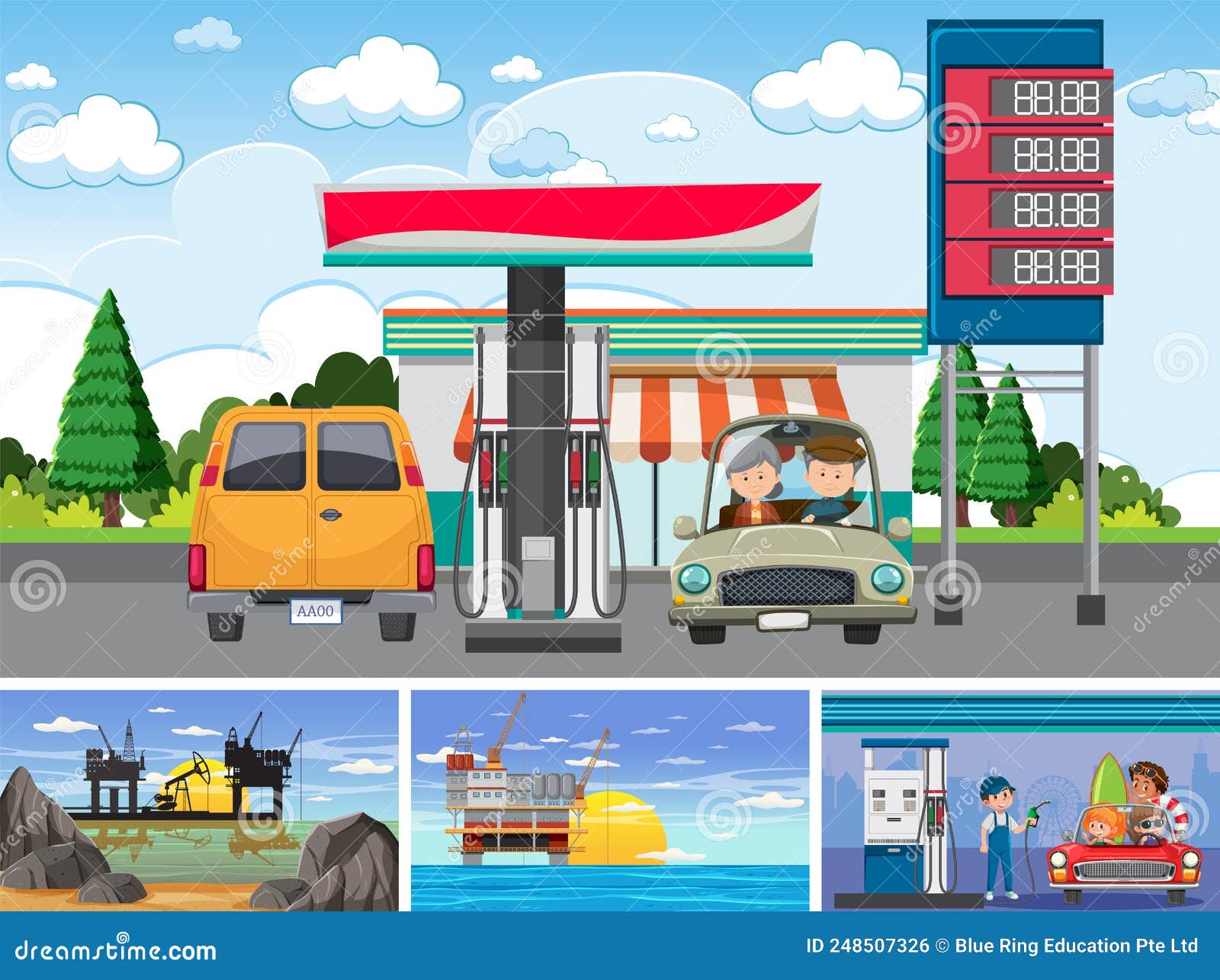 Four Different Petroleum Industry Scenes Stock Vector - Illustration of ...