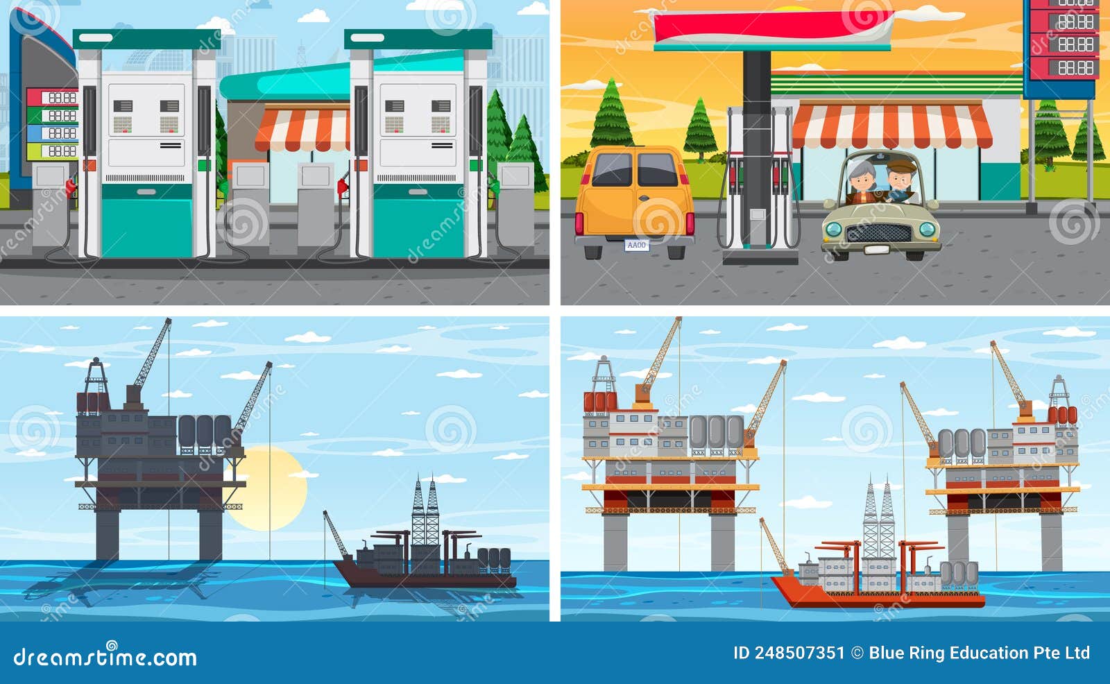 Four Different Petroleum Industry Scenes Stock Vector - Illustration of ...