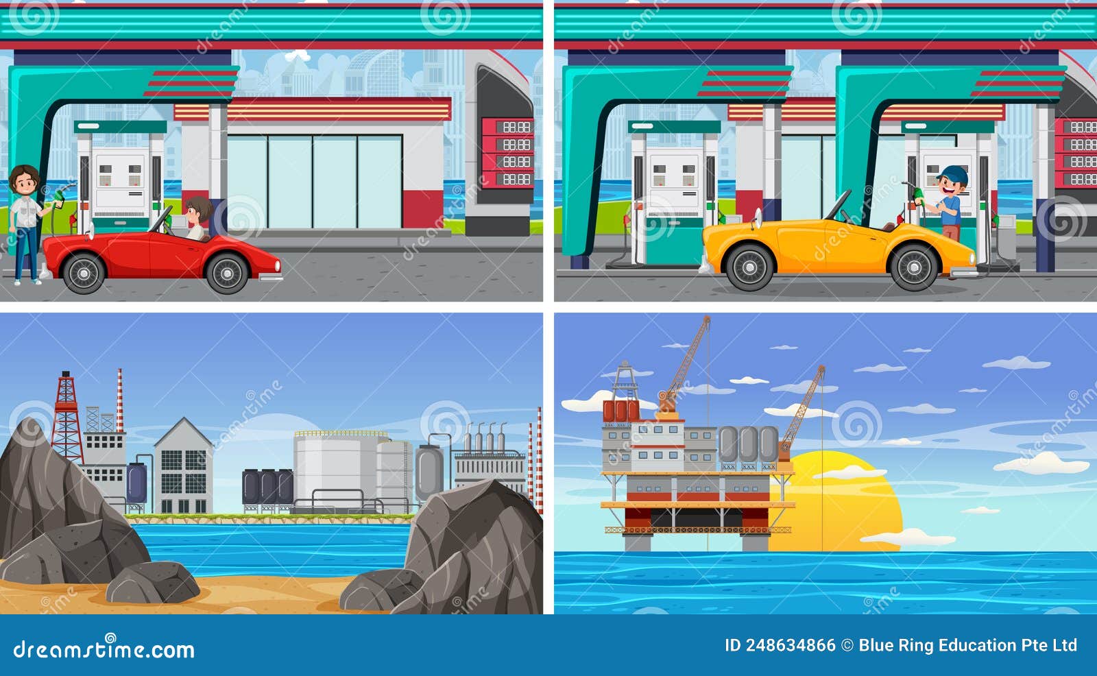 Four Different Petroleum Industry Scenes Stock Vector - Illustration of ...