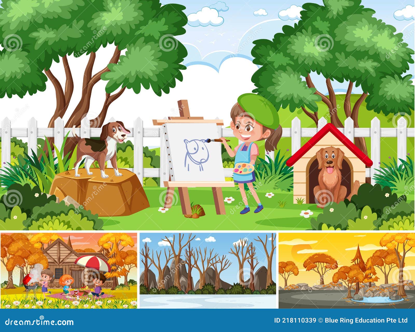 Four Different Scenes with Children Cartoon Character Stock Vector ...