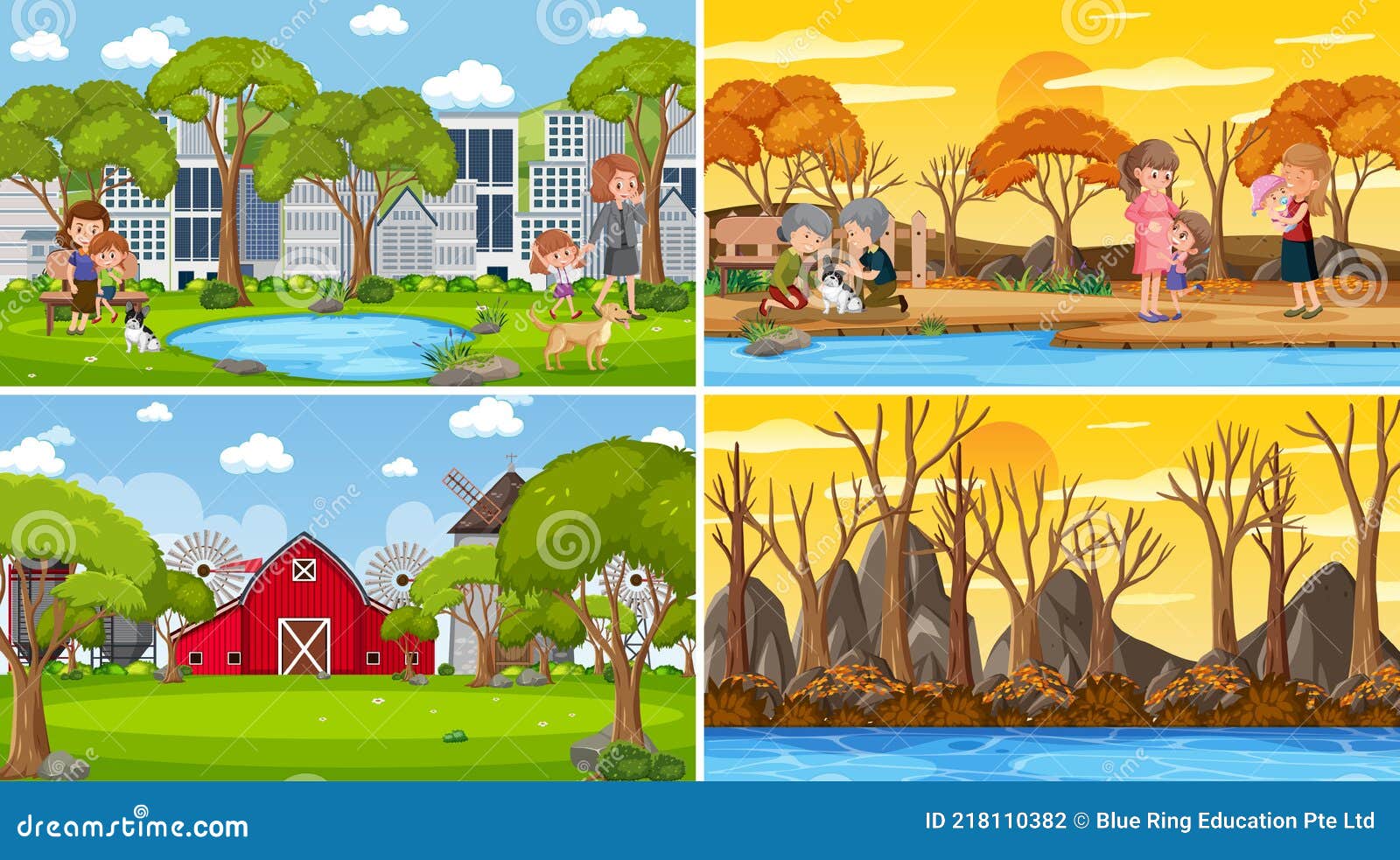 Four Different Scenes with Children Cartoon Character Stock Vector ...