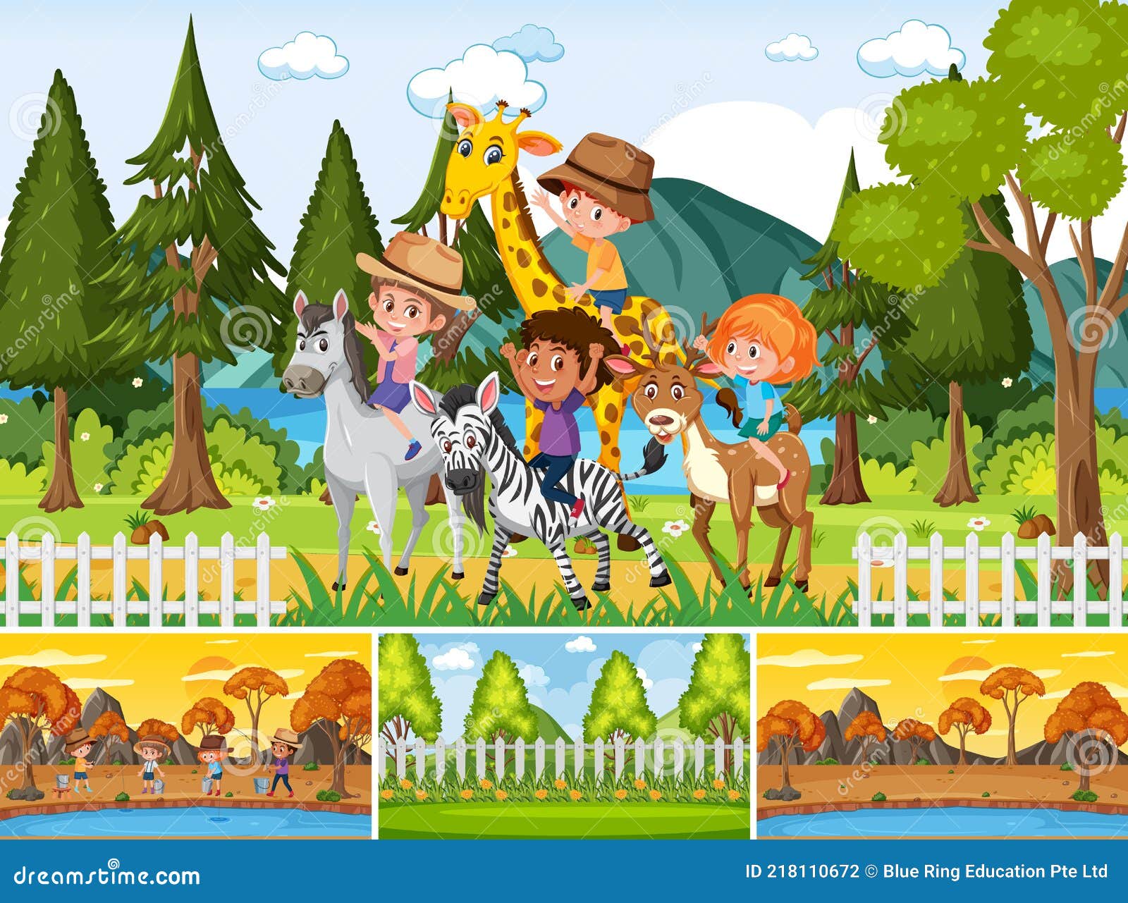 Four Different Scenes with Children Cartoon Character Stock Vector ...