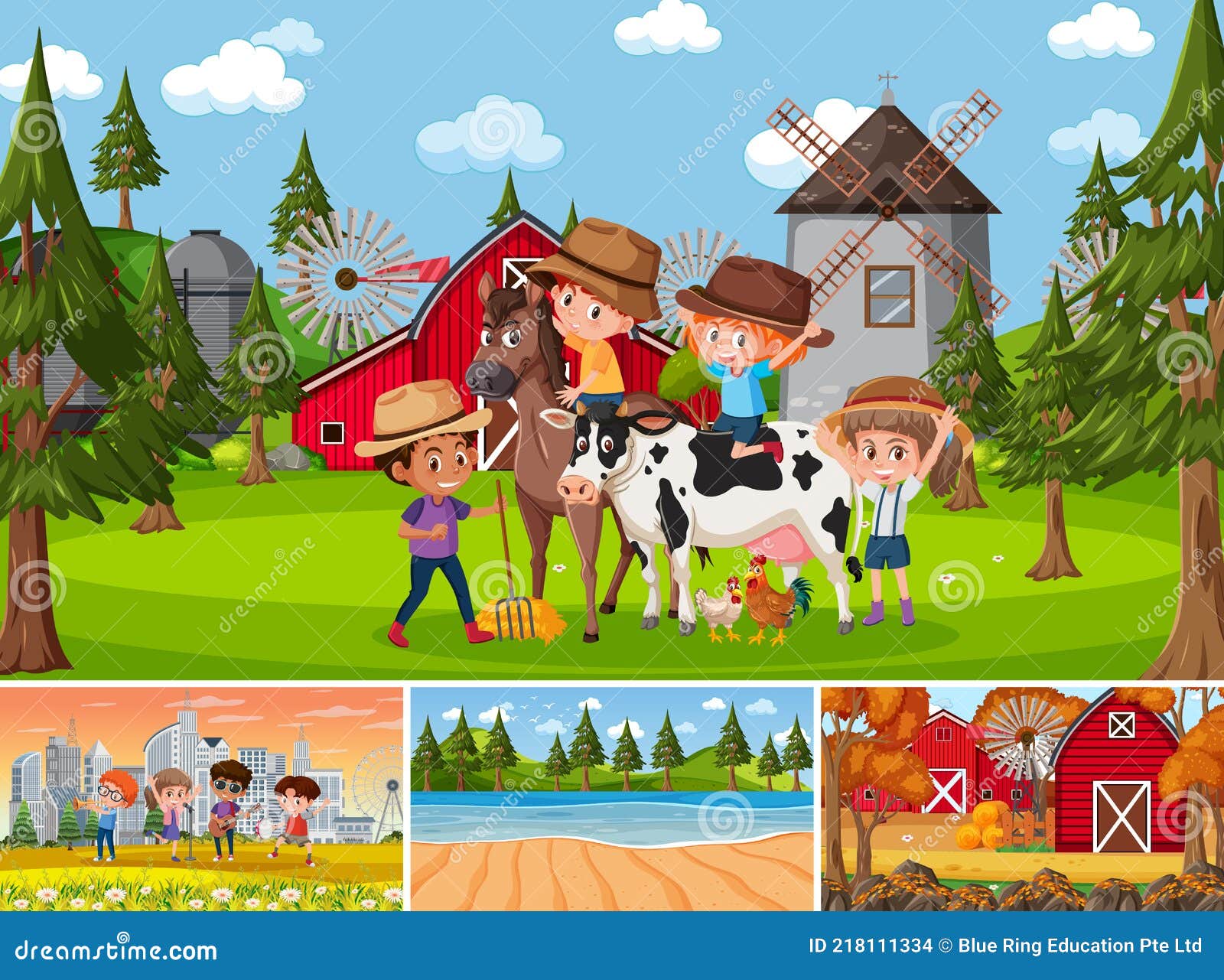 Four Different Scenes with Children Cartoon Character Stock Vector ...