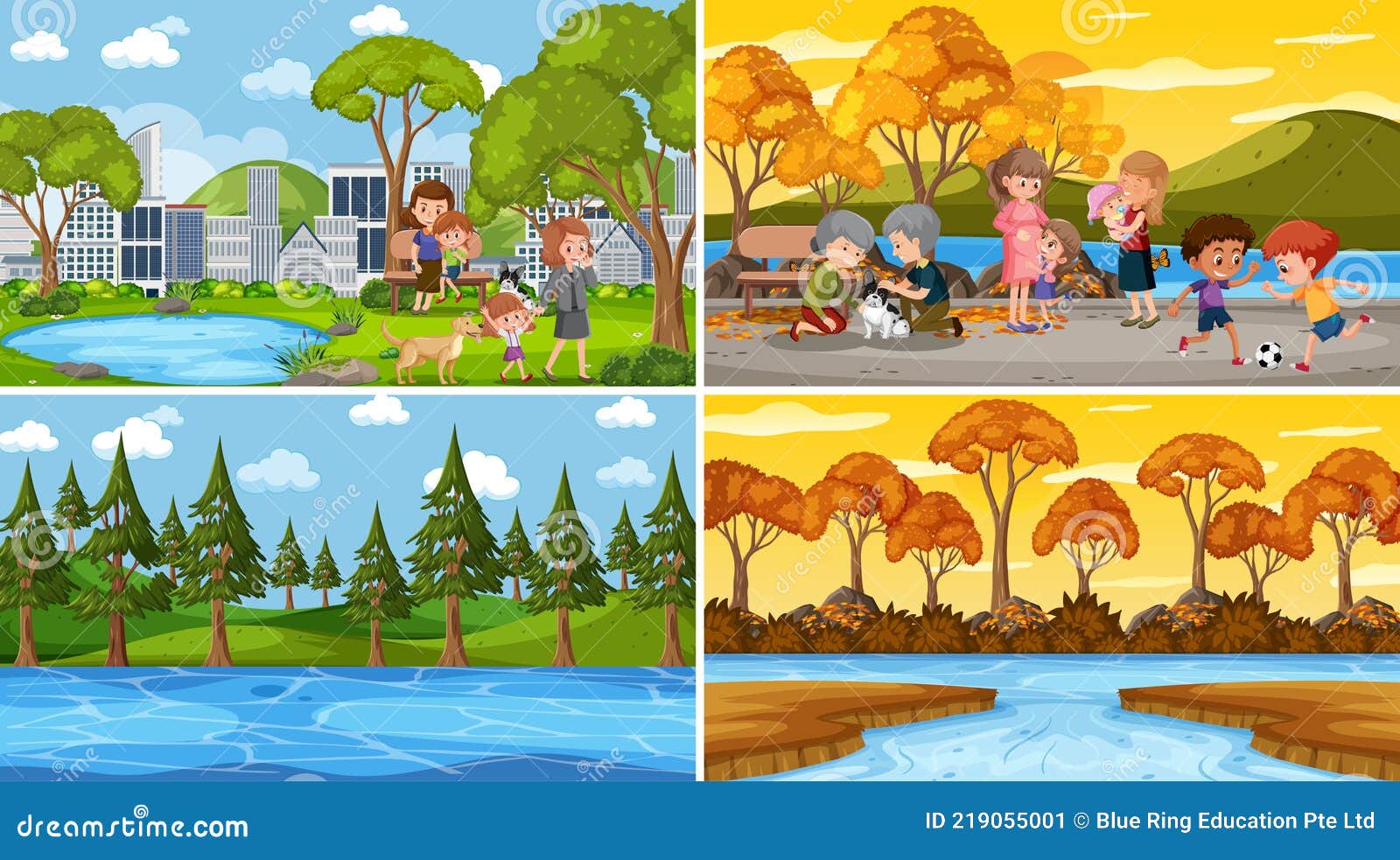 Four Different Scenes with Children Cartoon Character Stock Vector ...