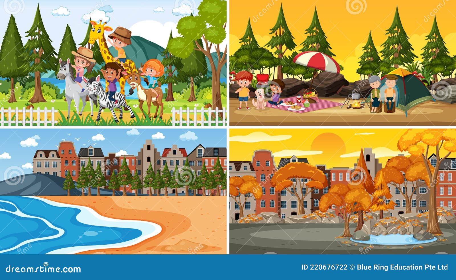 Four Different Scenes with Children Cartoon Character Stock ...