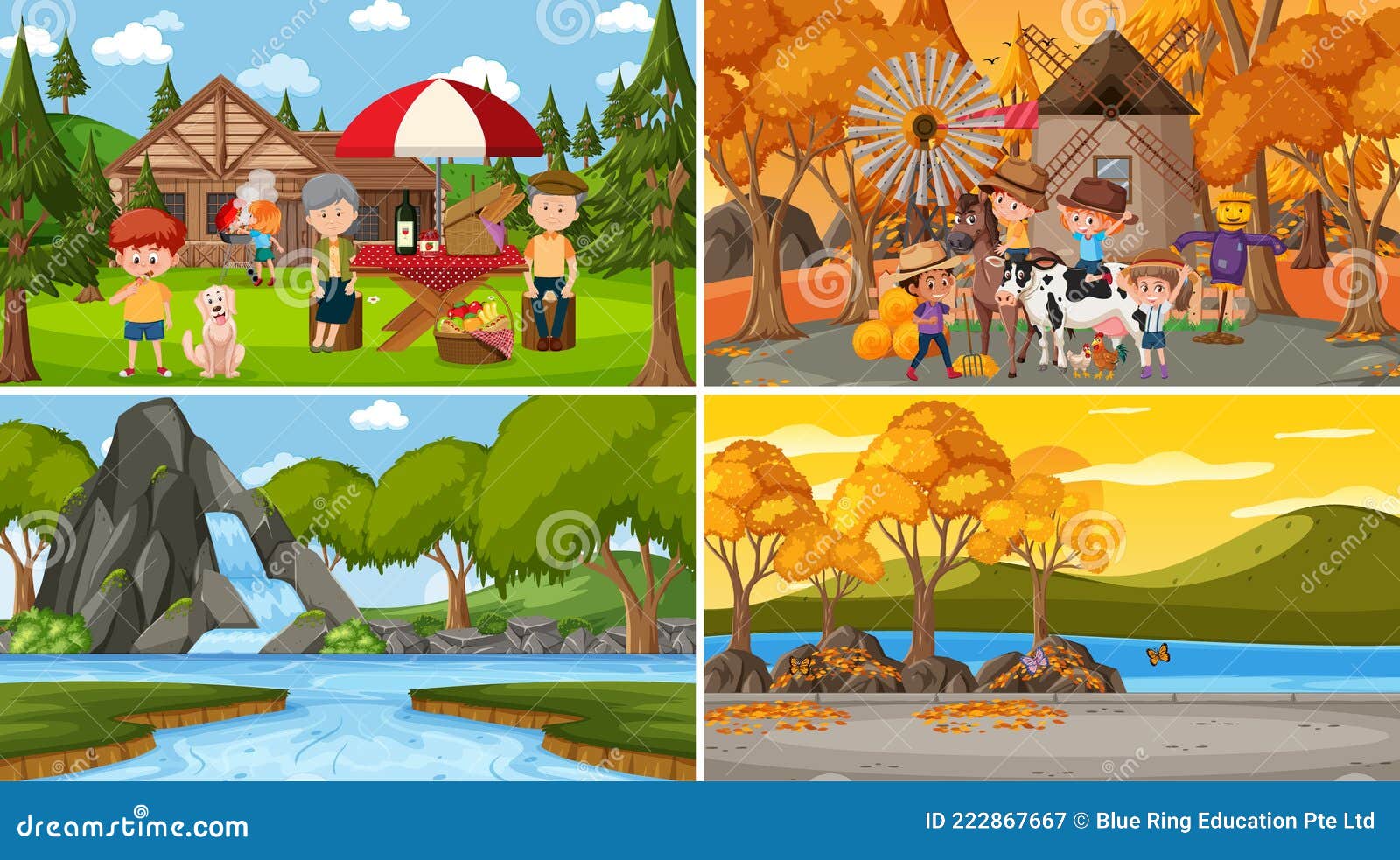 Four Different Scenes with Children Cartoon Character Stock Vector ...