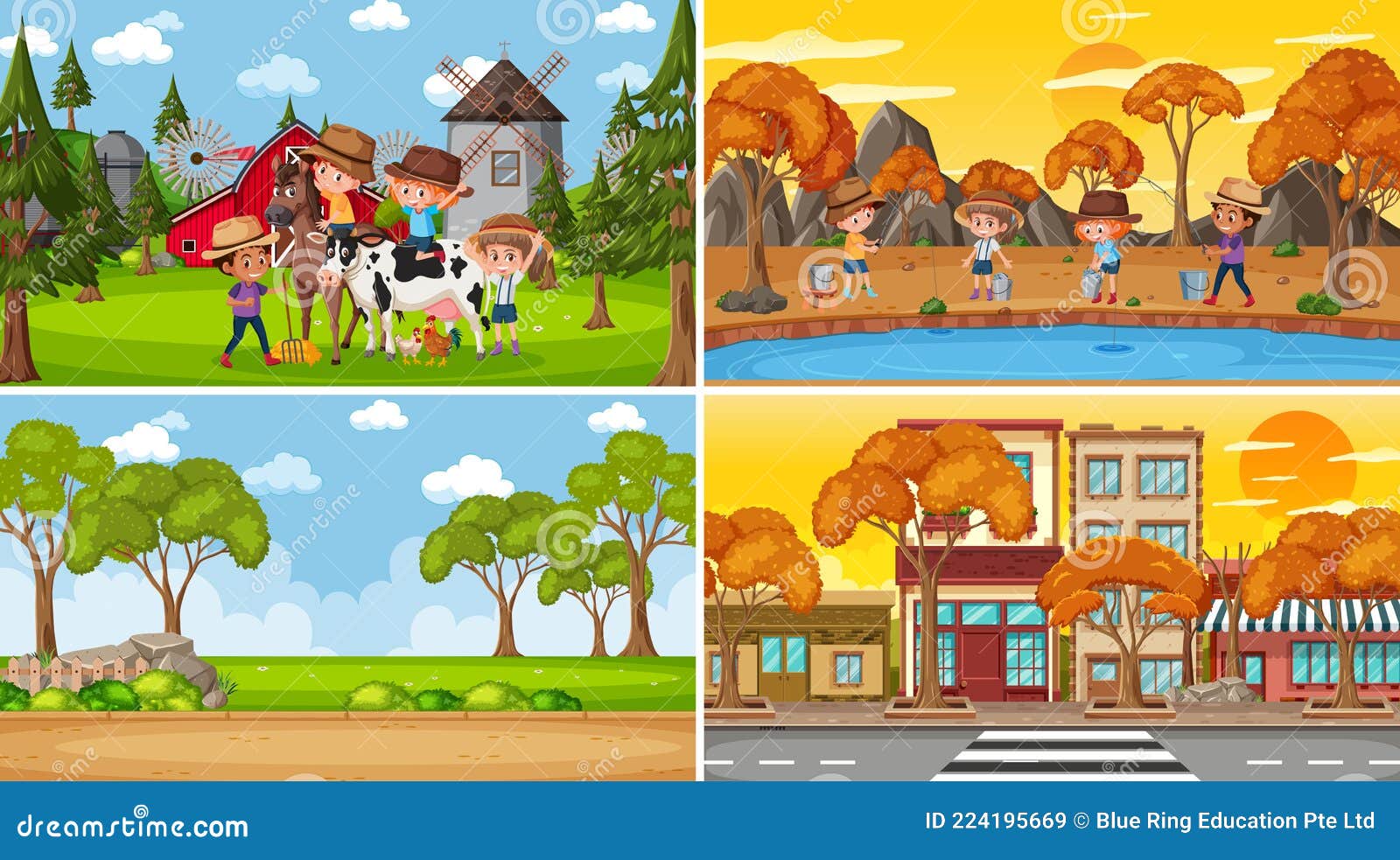 Four Different Scenes with Children Cartoon Character Stock Vector ...