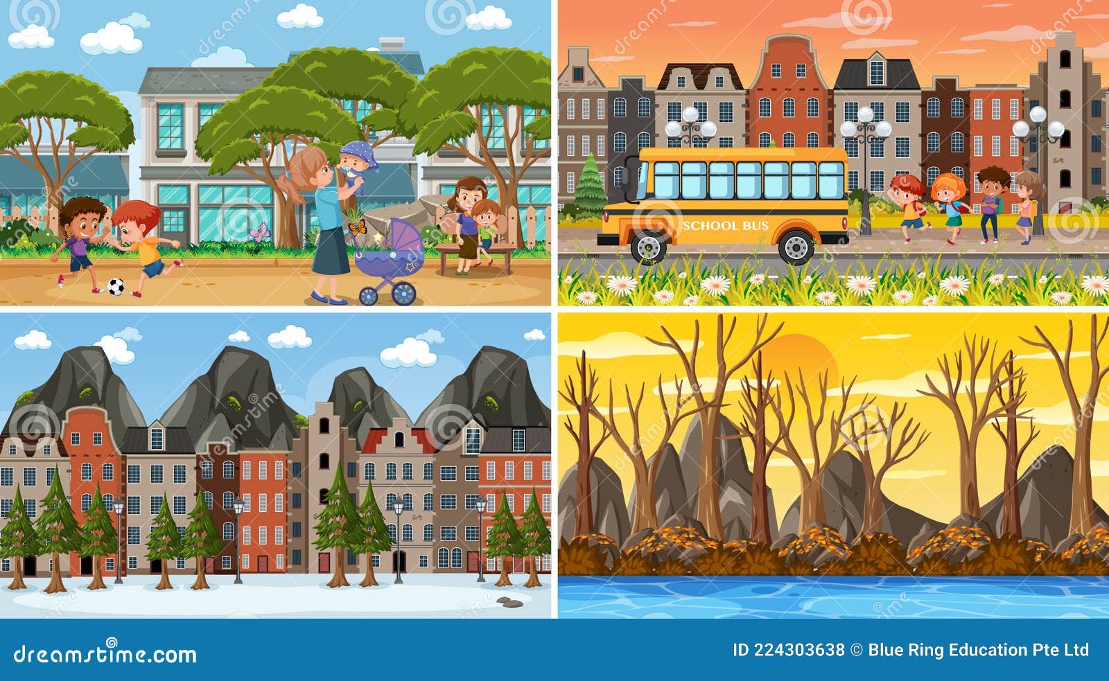 Four Different Scenes with Children Cartoon Character Stock Vector ...