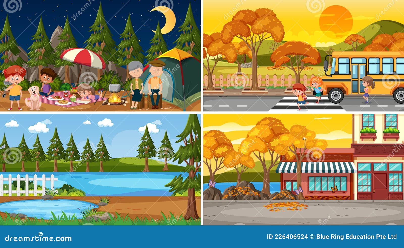 Four Different Scenes with Children Cartoon Character Stock Vector ...