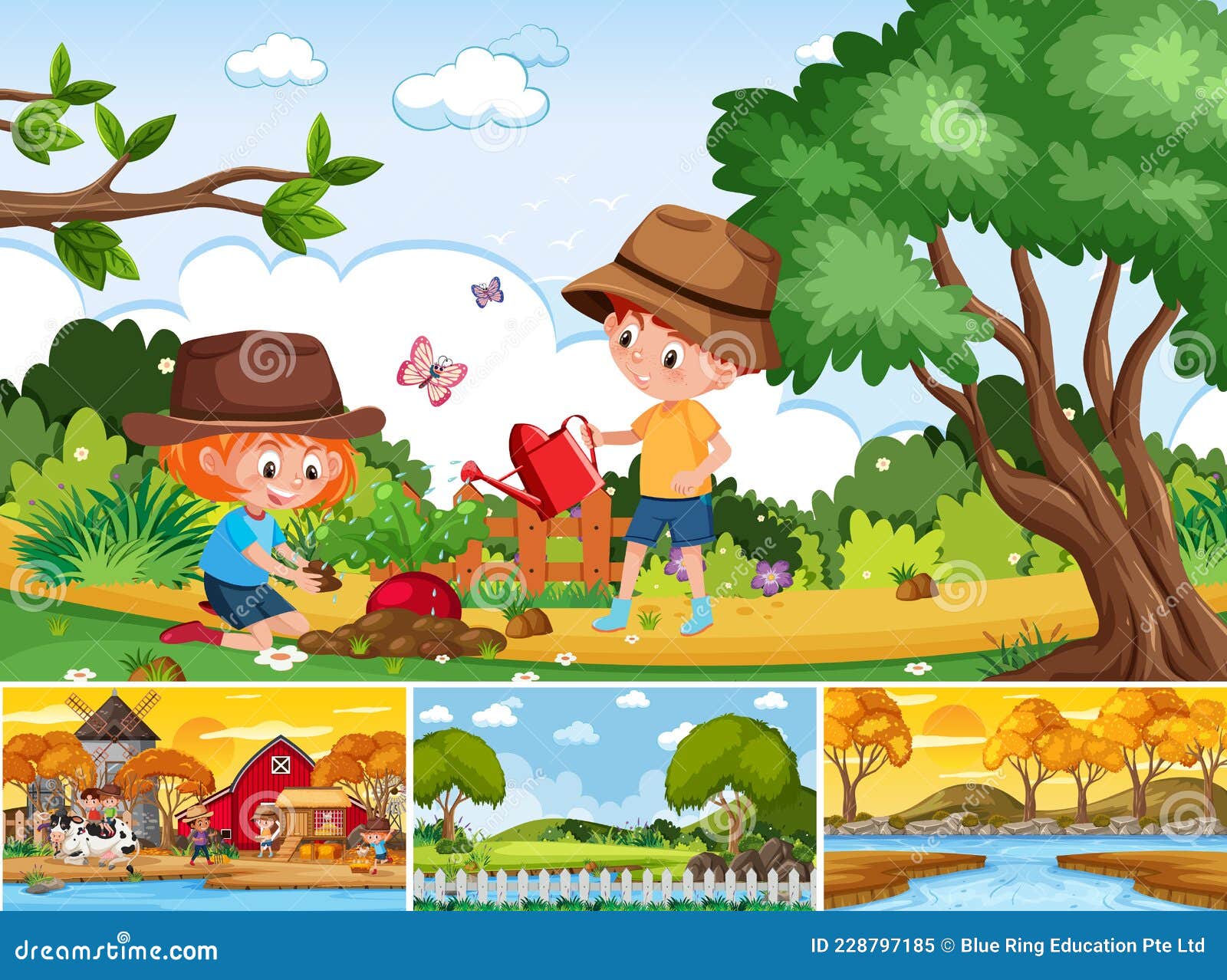 Four Different Scenes with Children Cartoon Character Stock Vector ...