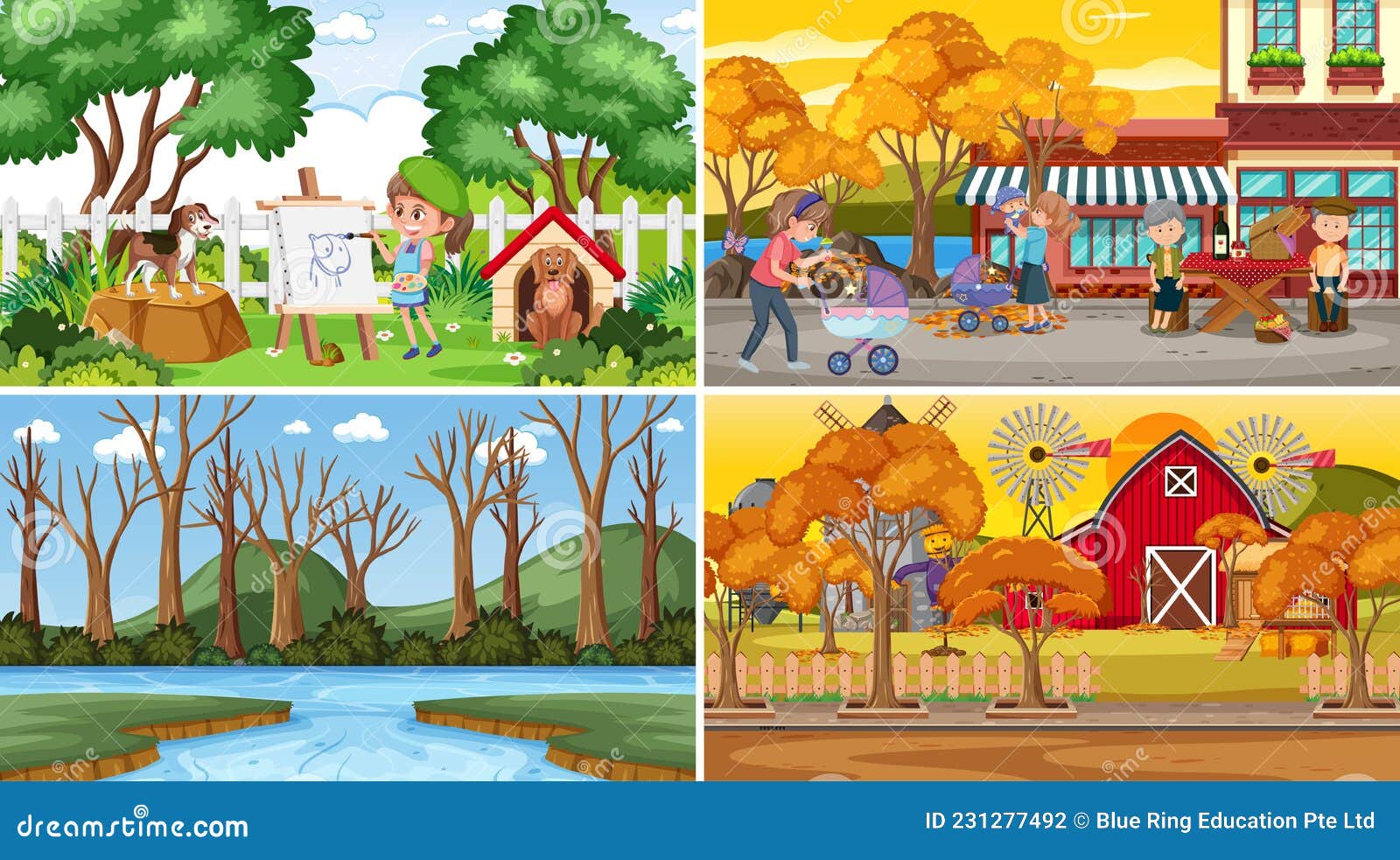 Four Different Scenes with Children Cartoon Character Stock Vector ...