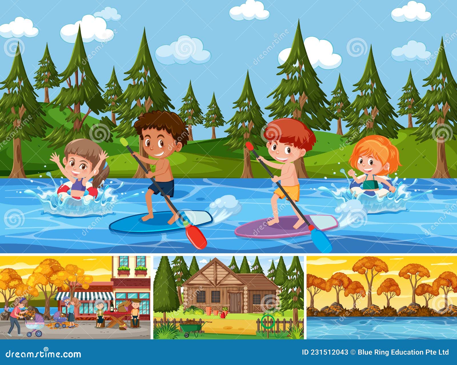 Four Different Scenes with Children Cartoon Character Stock Vector ...