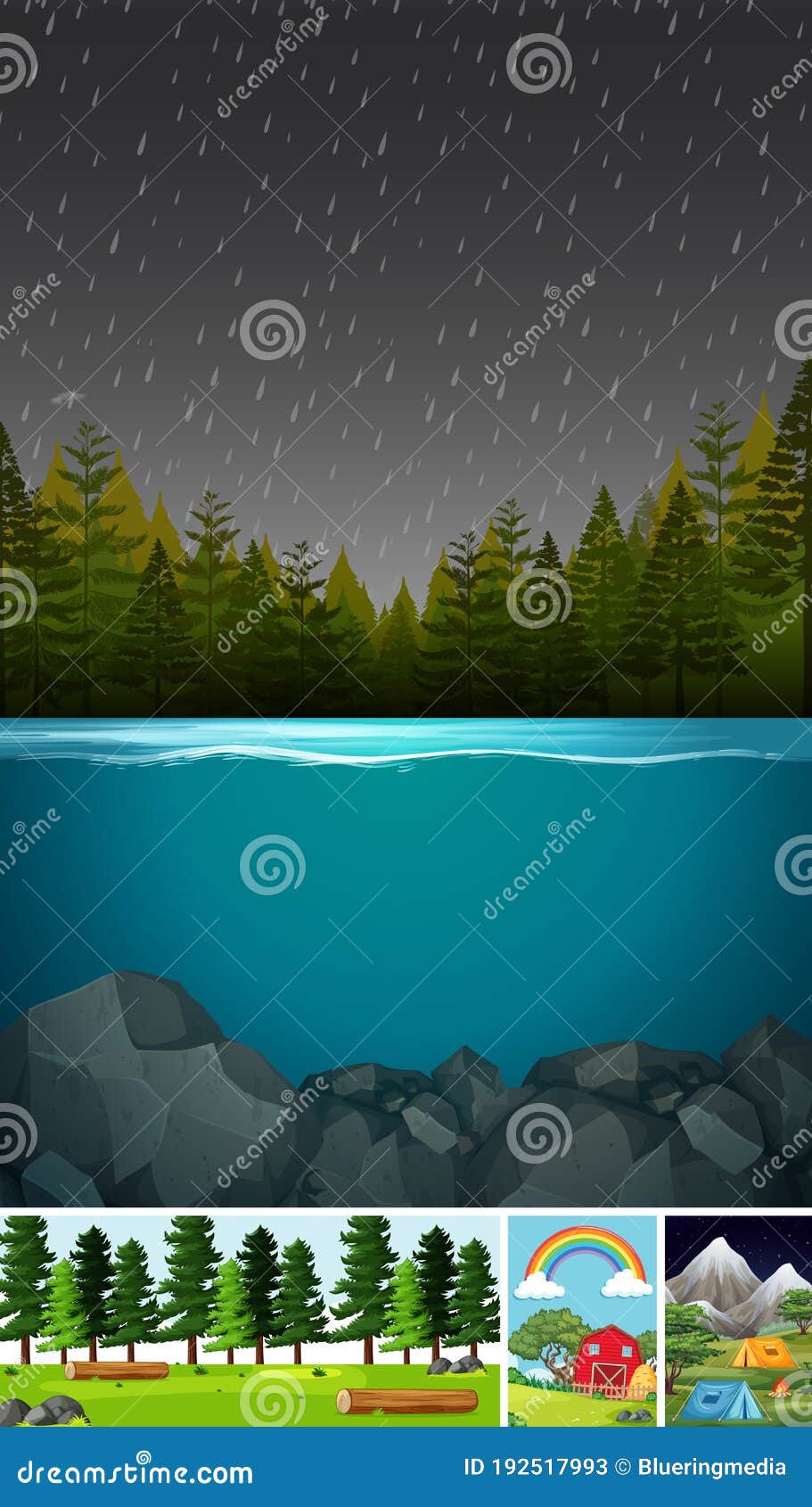 Four Different Scenes in Nature Setting Cartoon Style Stock Vector ...