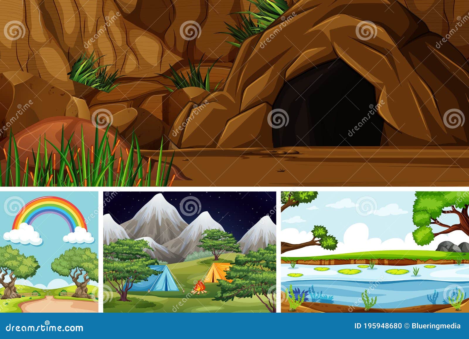 Four Different Scenes in Nature Setting Cartoon Style Stock Vector ...