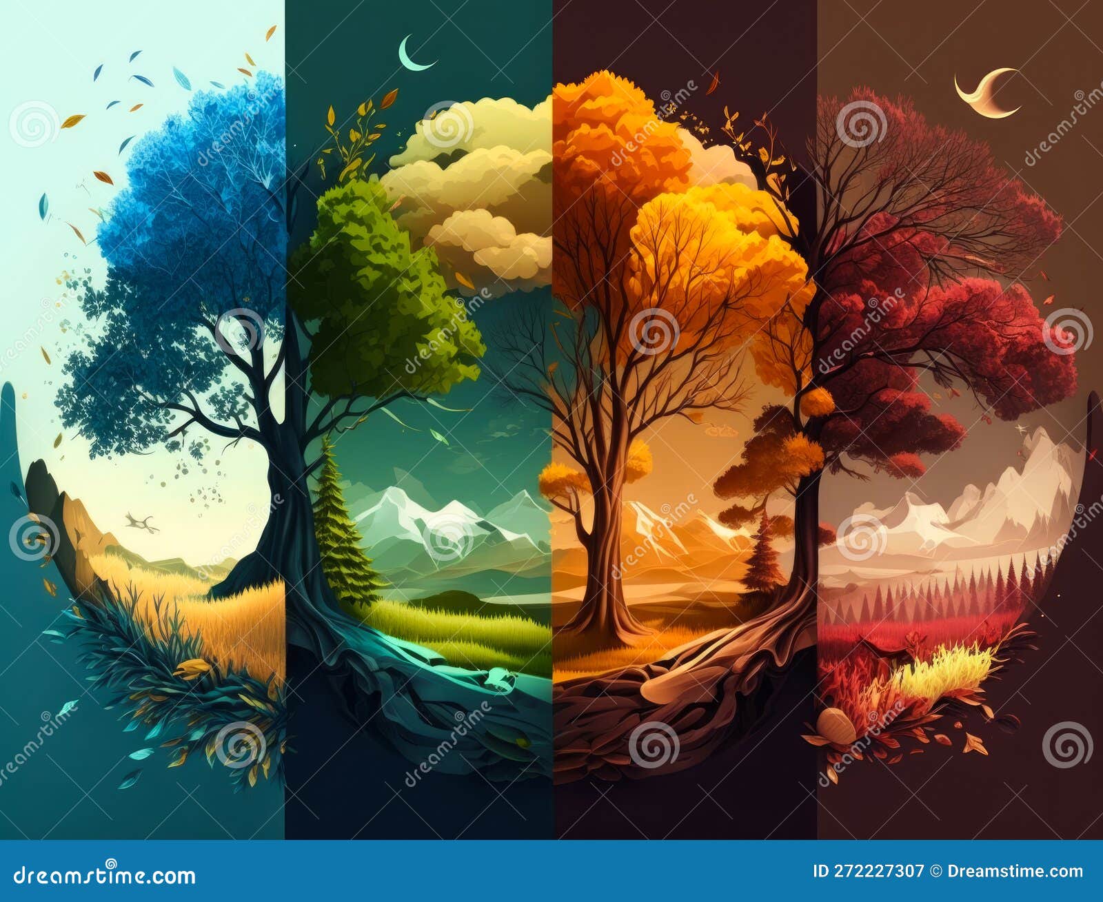 Four Different Seasons with Trees and Mountains. Generative AI Stock ...