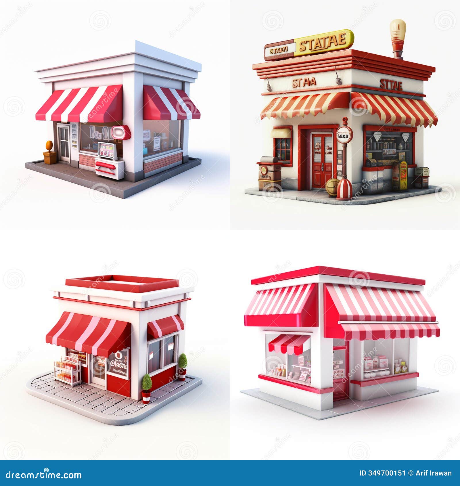 Four Different Store Fronts with Red and White Stripes Stock ...