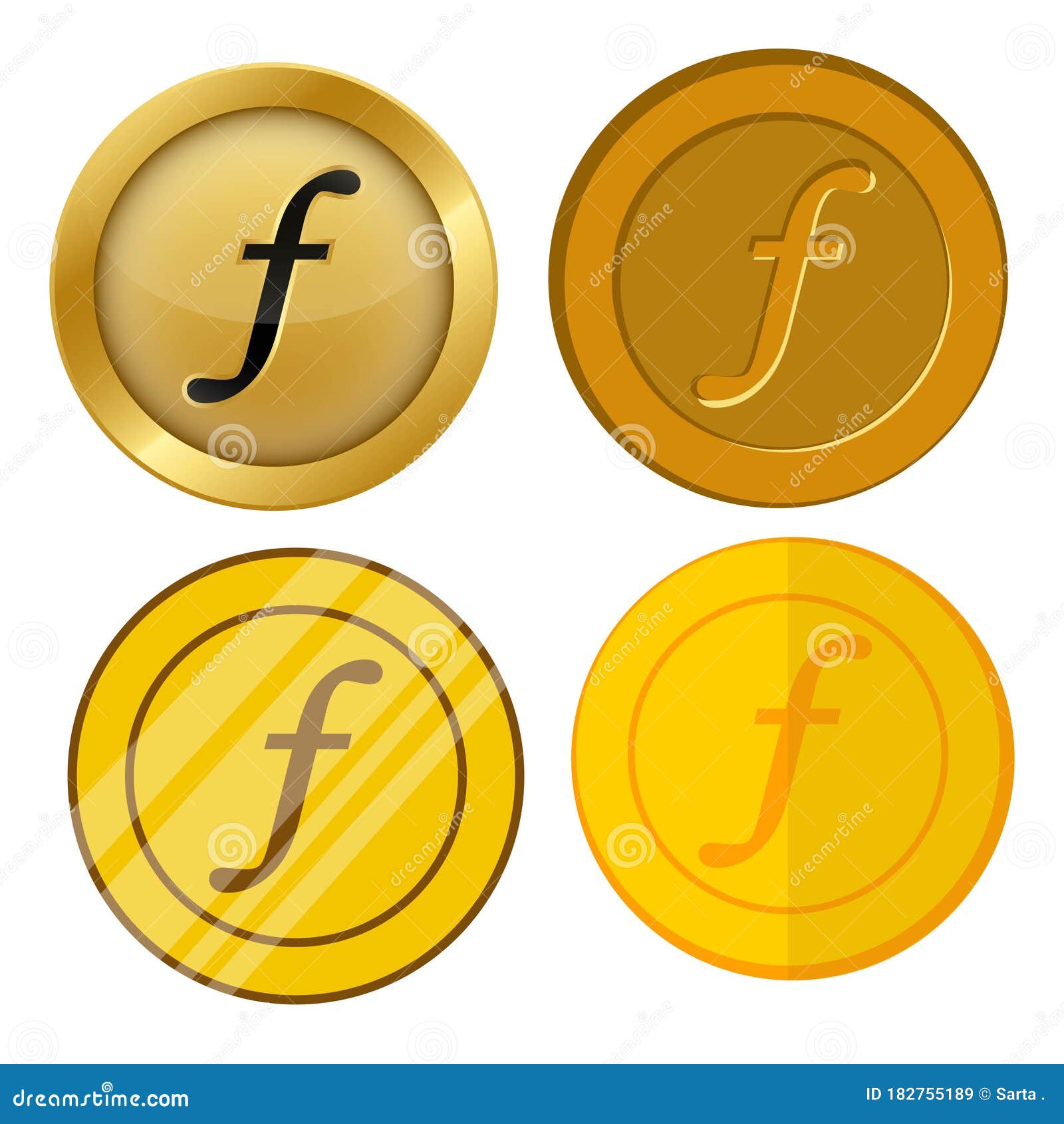 Four Different Style Gold Coin with Guilder Currency Symbol Vector Set ...
