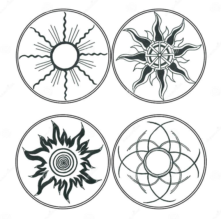 Set of Geometric Stylized Images of the Sun in the Circle Frames Stock ...