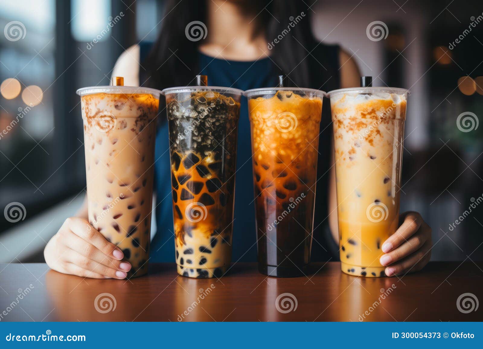 Four Different Types of Bubble Tea and Unrecognizable Woman Standing ...