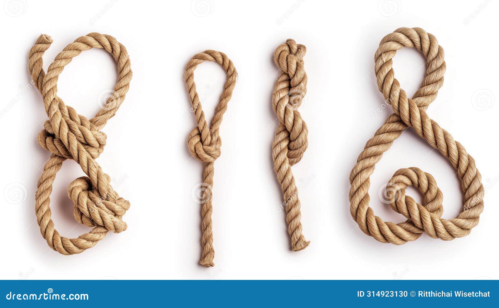 Four Different Types of Knots Made from Natural Rope on a White ...