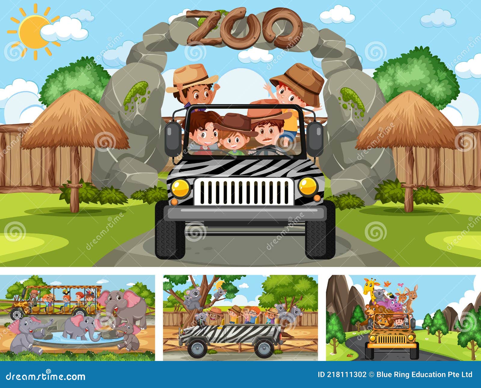 Four Different Zoo Scenes with Kids and Animals Stock Vector ...