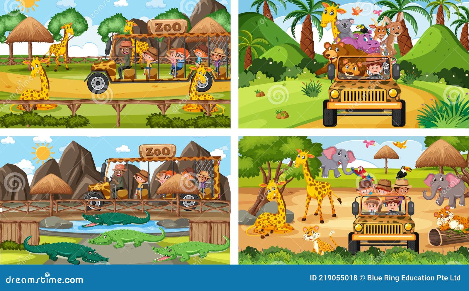 Four Different Zoo Scenes with Kids and Animals Stock Vector ...