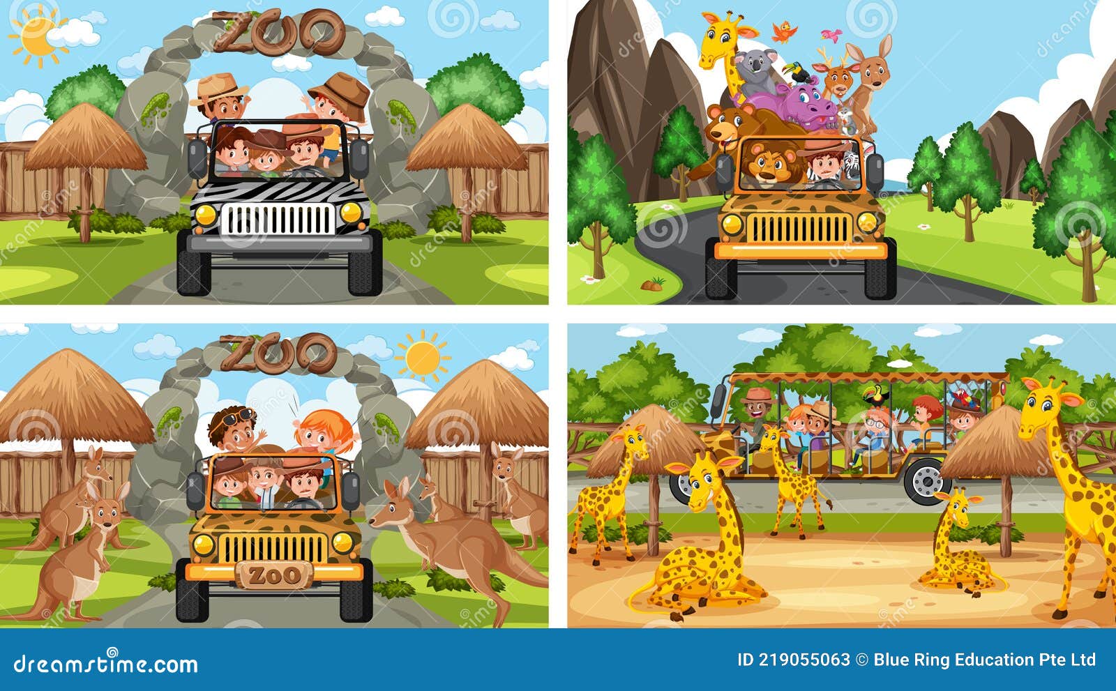 Four Different Zoo Scenes with Kids and Animals Stock Vector ...