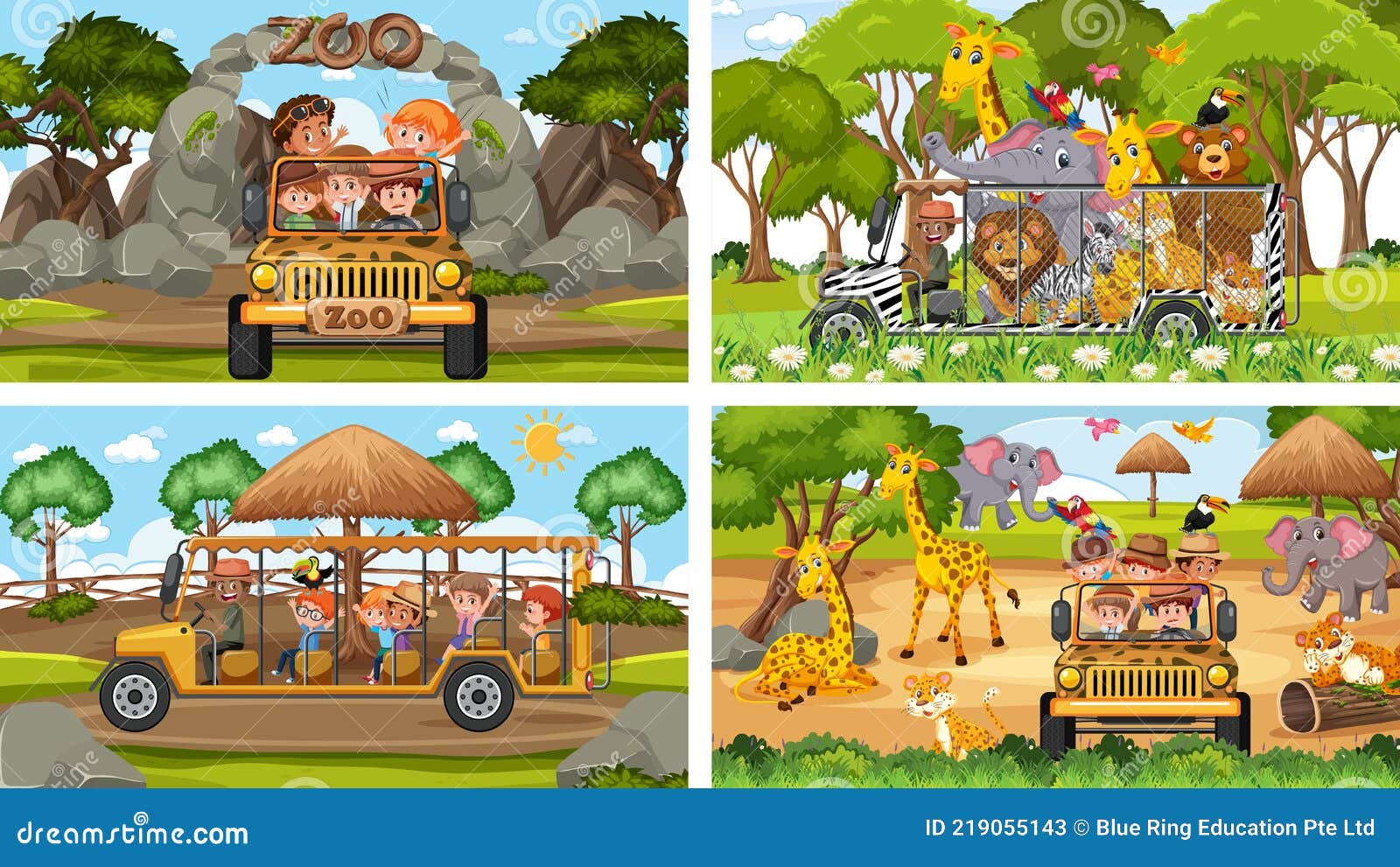 Four Different Zoo Scenes with Kids and Animals Stock Vector ...
