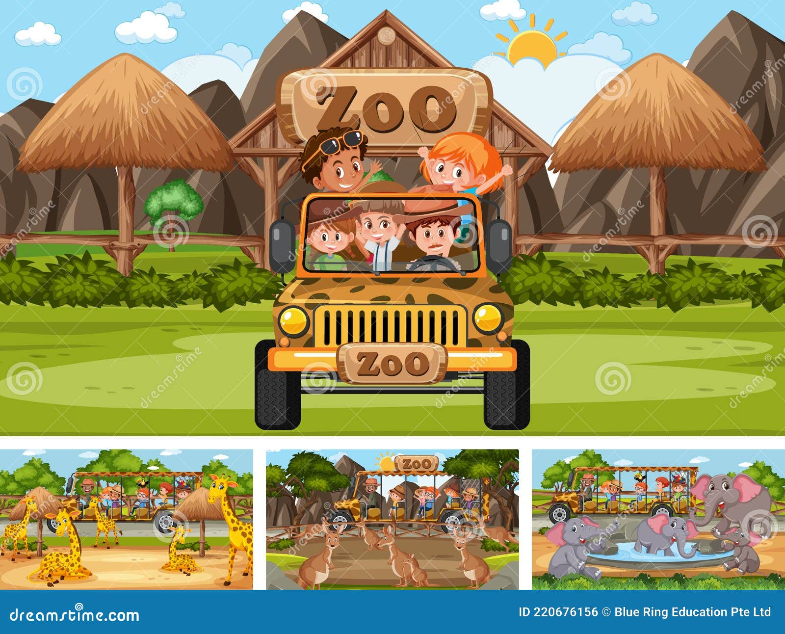 Four Different Zoo Scenes with Kids and Animals Stock Vector ...