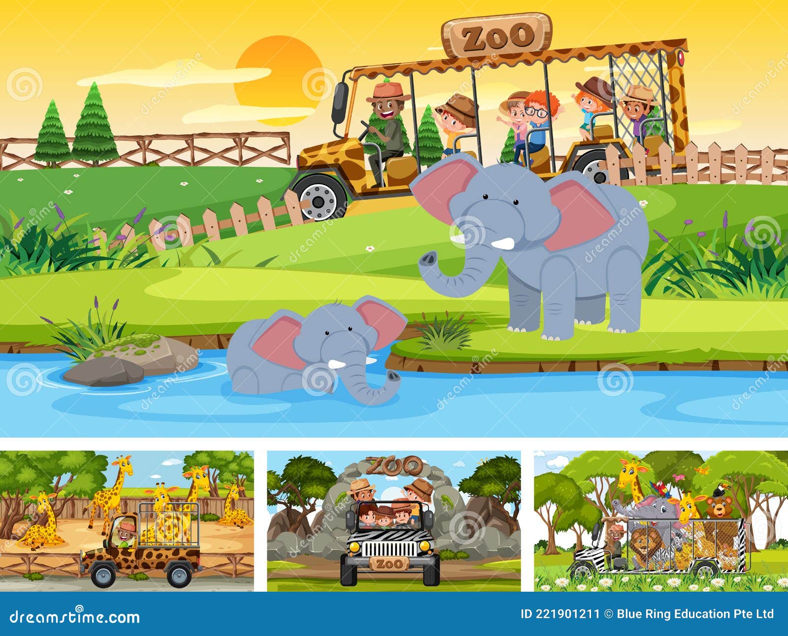 Four Different Zoo Scenes with Kids and Animals Stock Vector ...