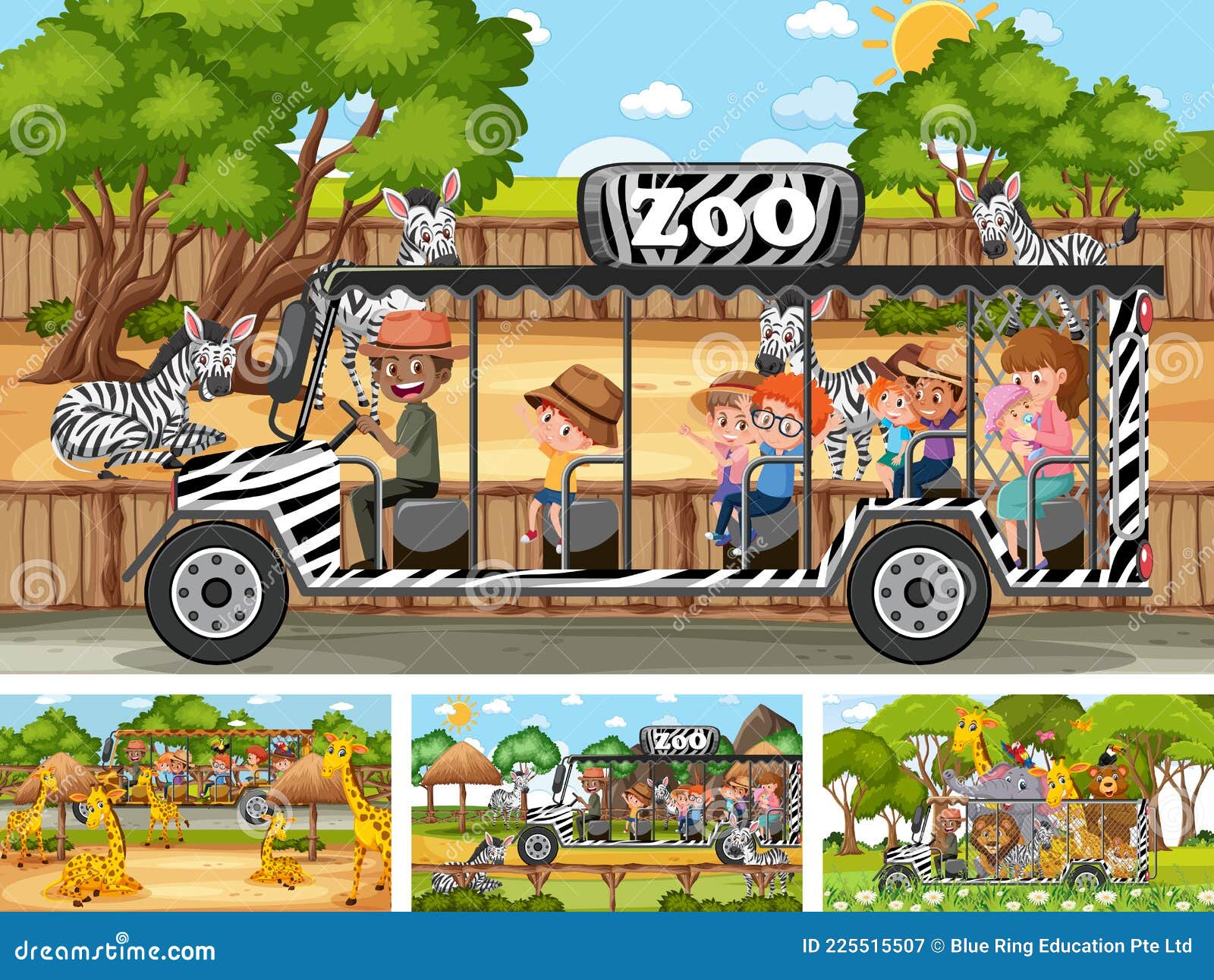 Four Different Zoo Scenes with Kids and Animals Stock Illustration ...