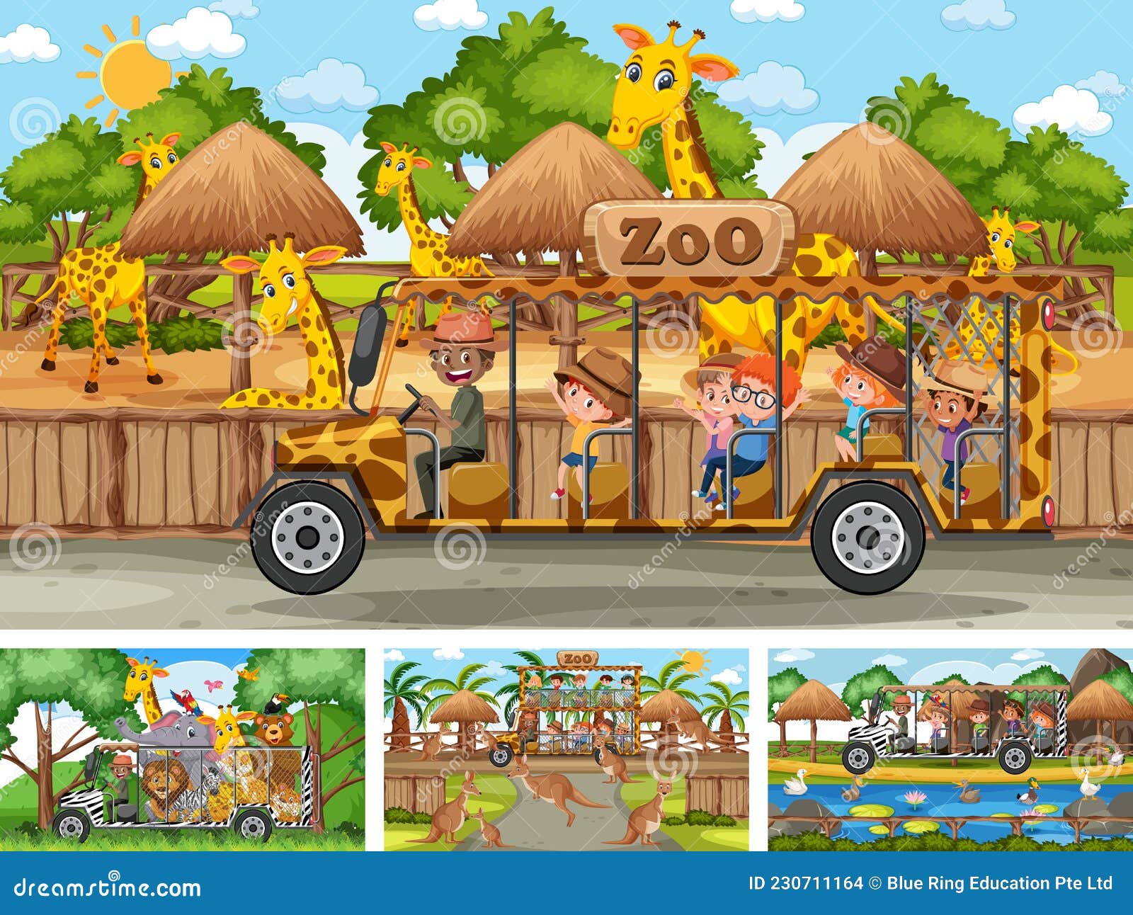 Four Different Zoo Scenes with Kids and Animals Stock Vector ...