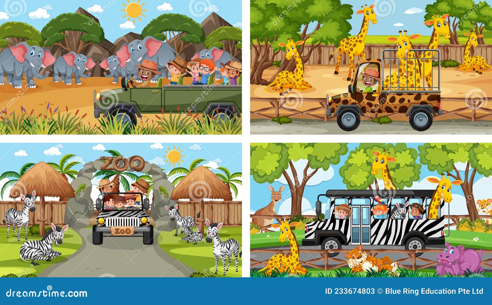 Four Different Zoo Scenes with Kids and Animals Stock Vector ...