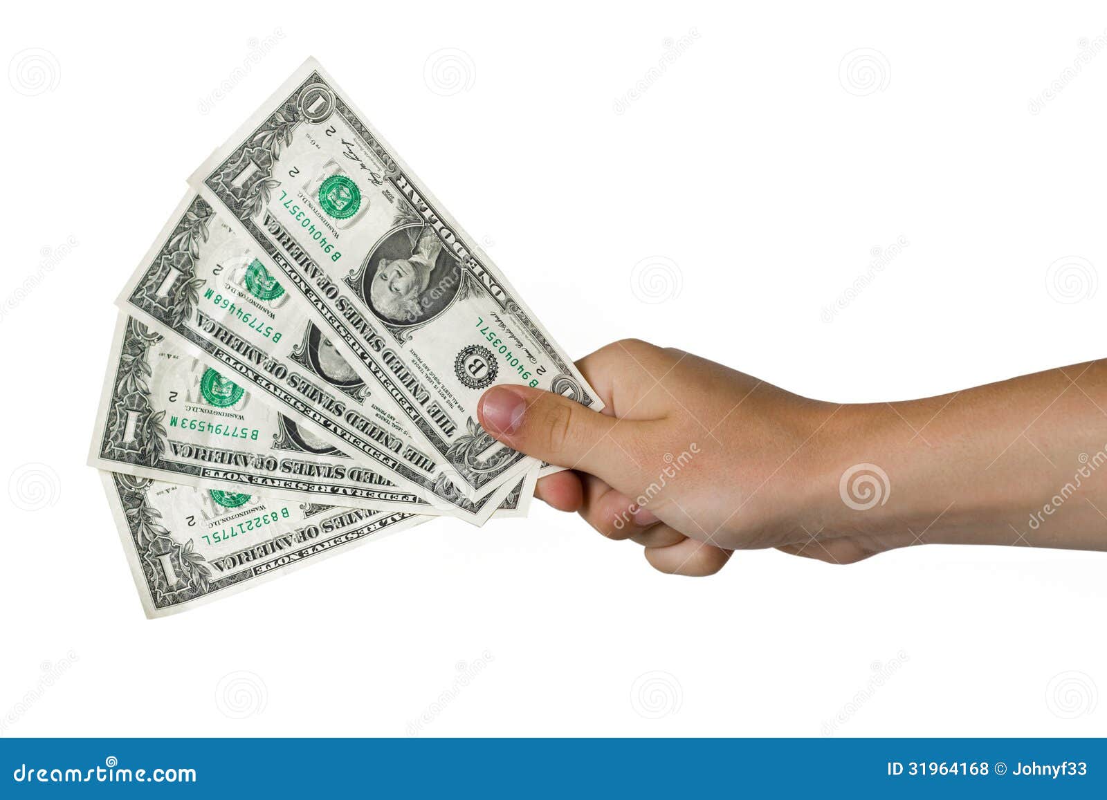 Four Dollars in the Hand Isolated on White Stock Photo - Image of ...