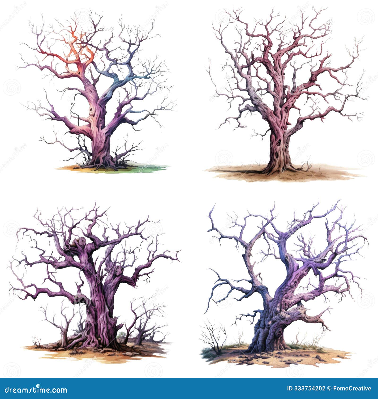 Four Drawings of Dead Trees with Colorful Bark Stock Illustration ...