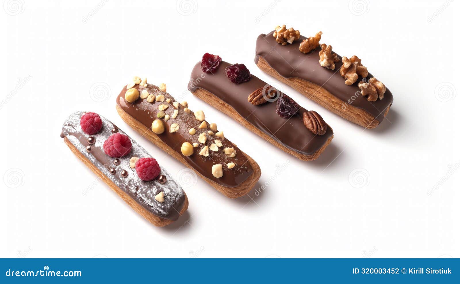 Four Eclairs with Chocolate Glaze and Various Toppings on a White ...