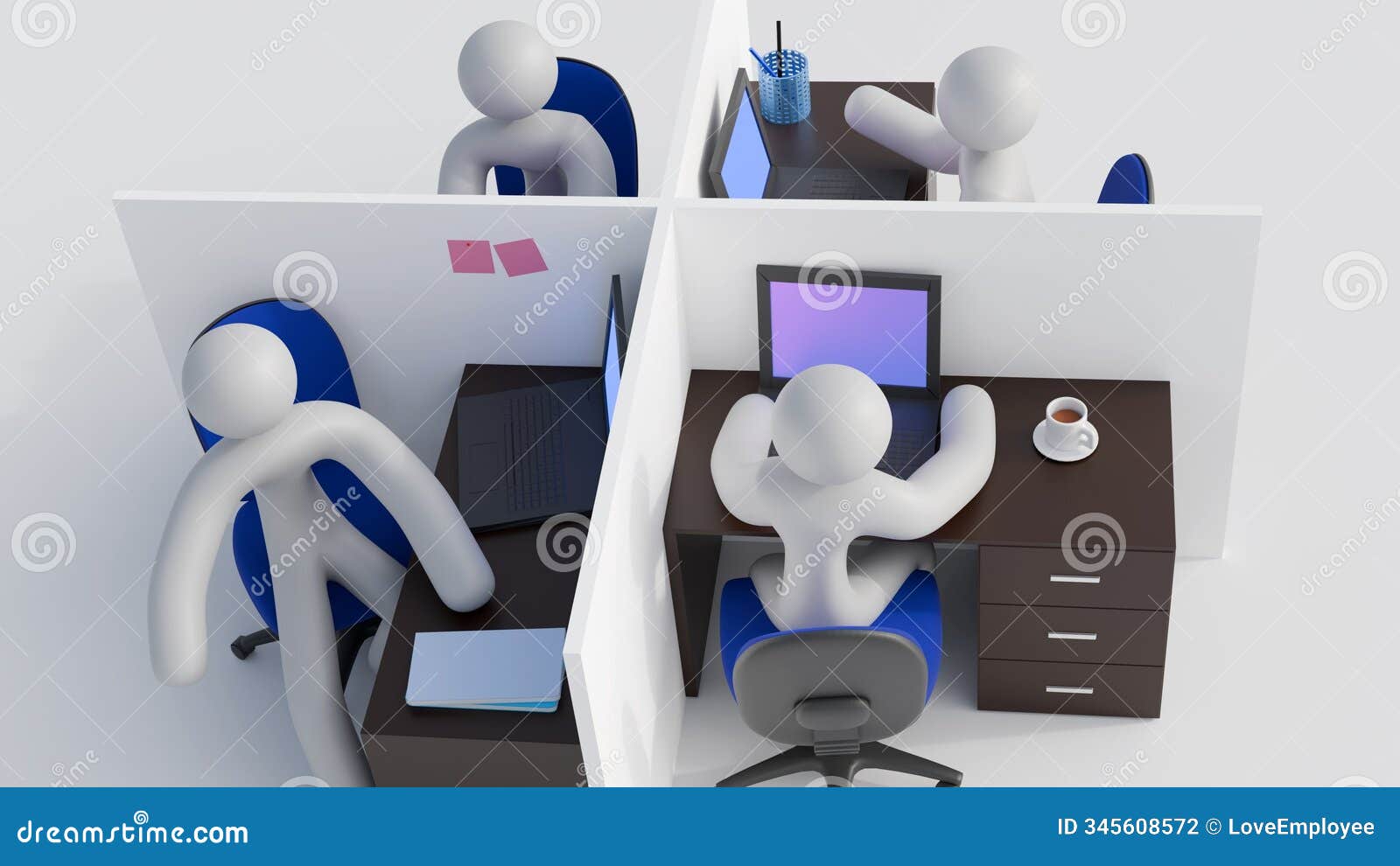 Four Employees are Sitting on Their Partitioned Workspace Desks Stock ...