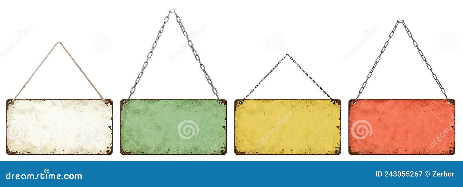 Four Empty Vintage Tin Signs Hanging on a White Background Stock Image ...