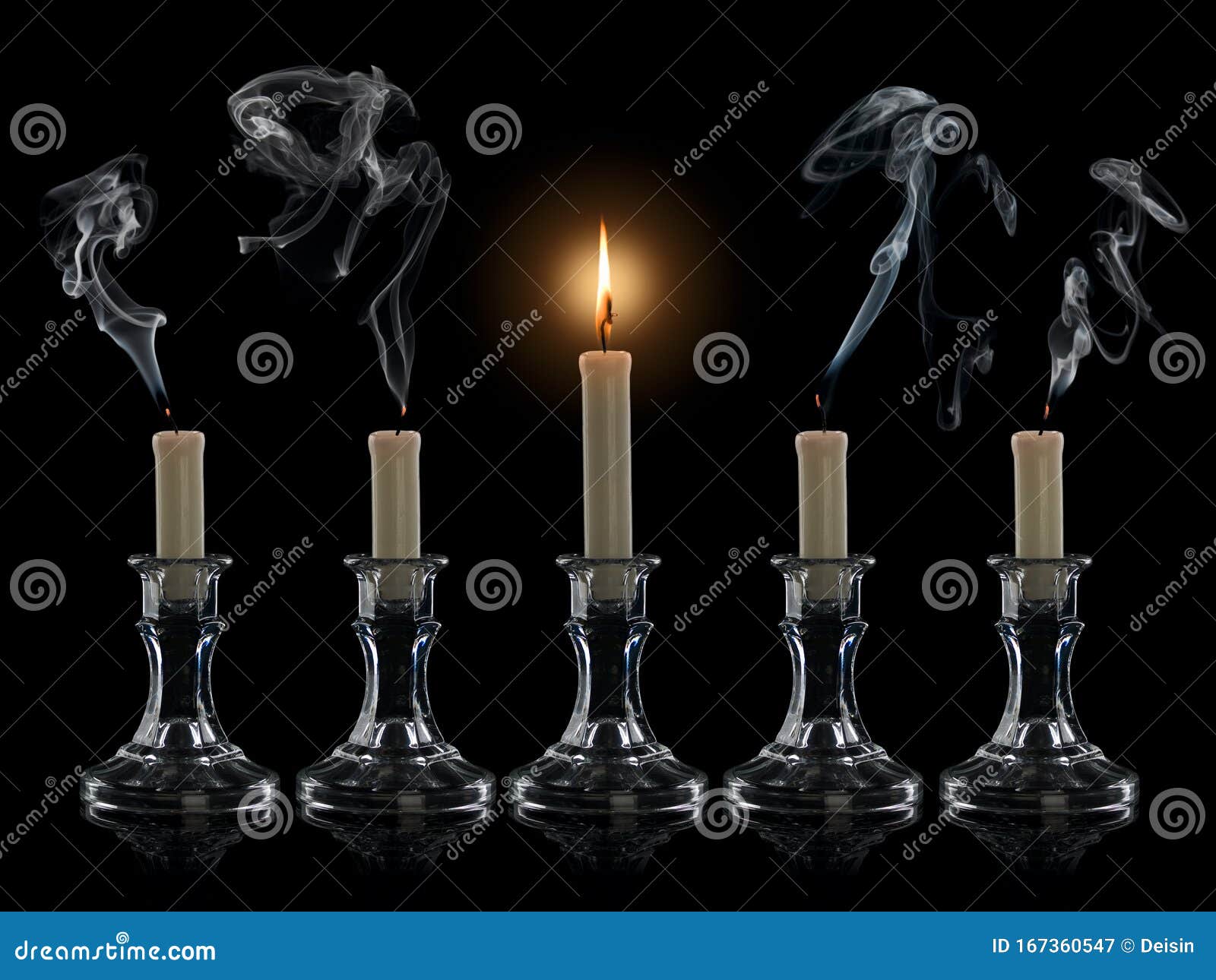 Four Extinguished Candles and One Burning Candle Stock Image - Image of ...