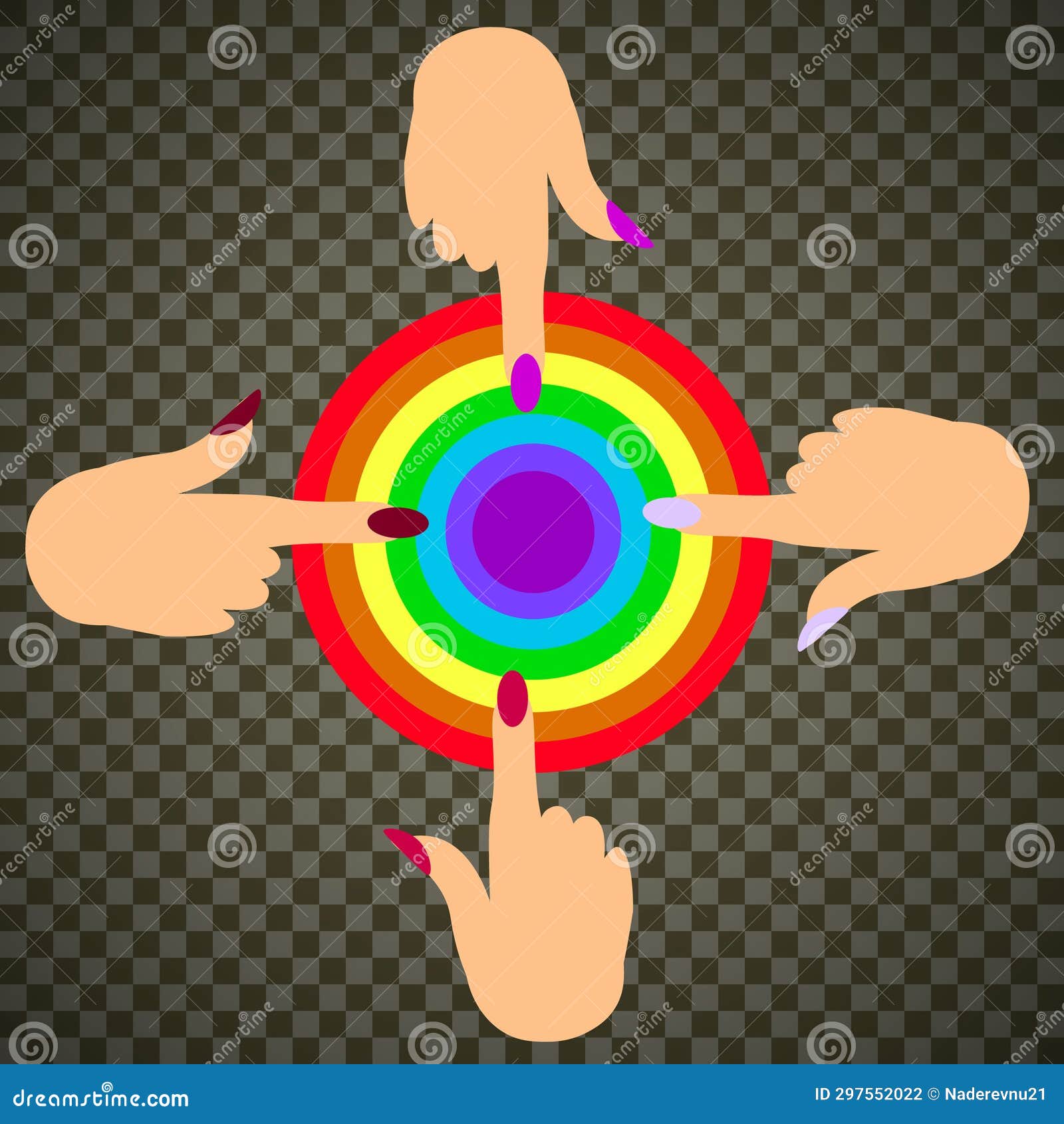 Four Female Hands Press on a Bright Rainbow Button Stock Illustration ...