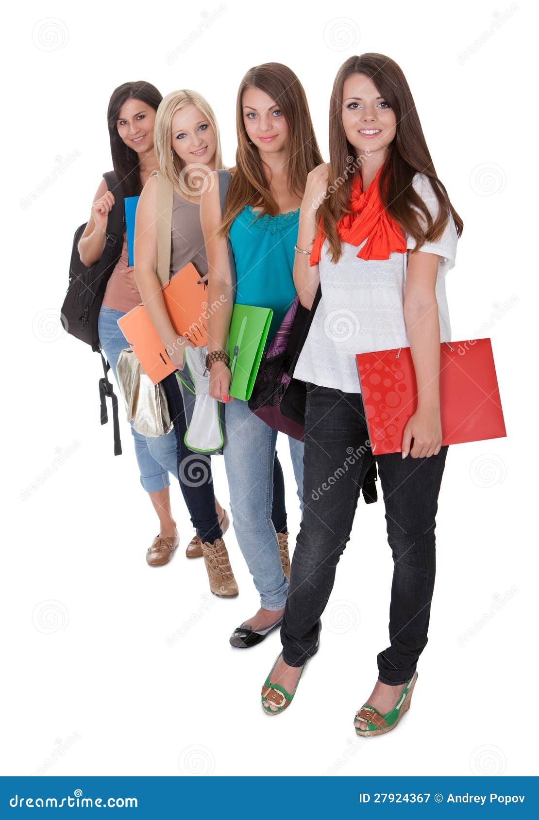 Four Female Students in a Row Stock Image - Image of isolated, people ...
