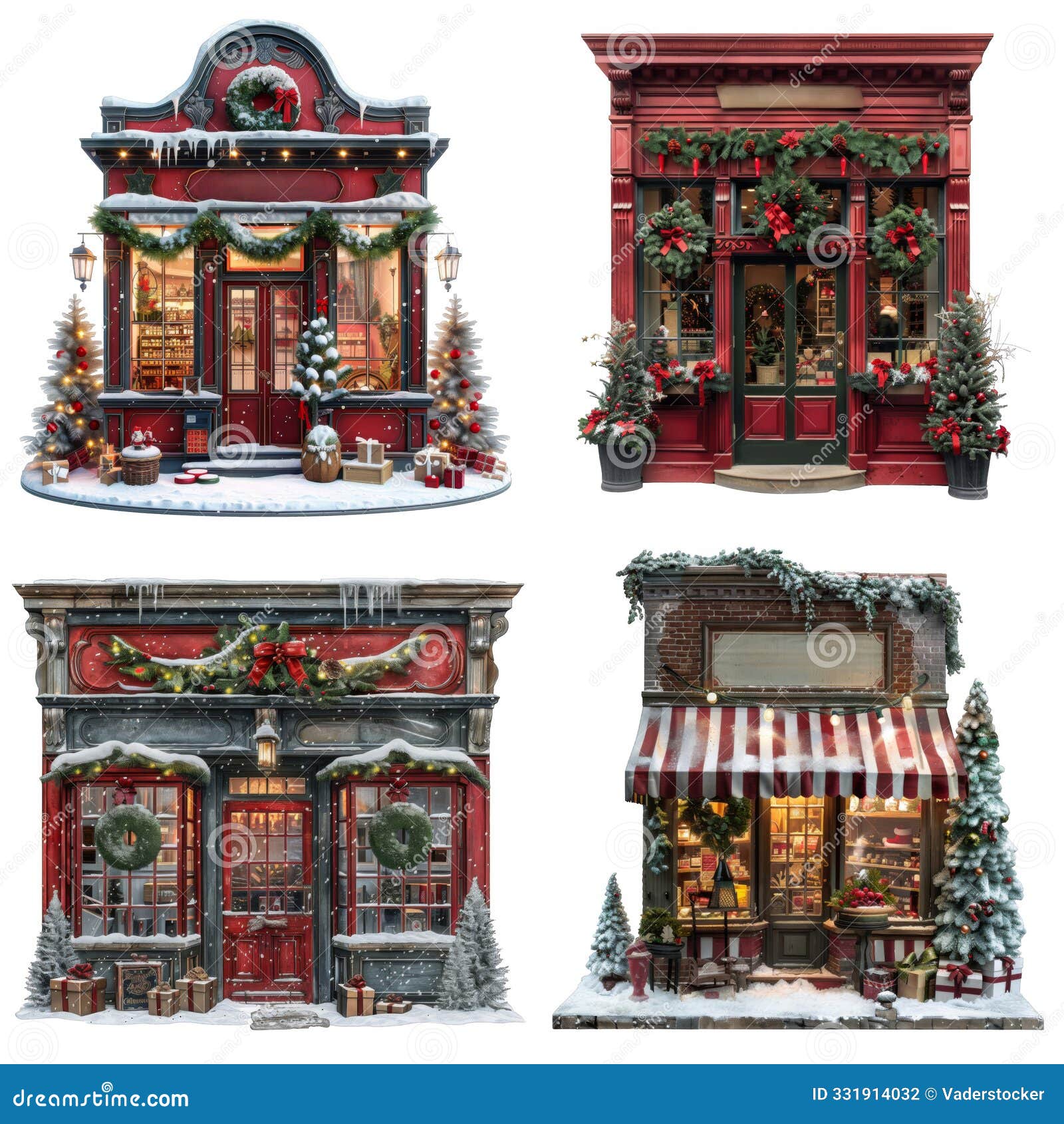 Four Festive Storefronts Decorated for Christmas Stock Illustration ...