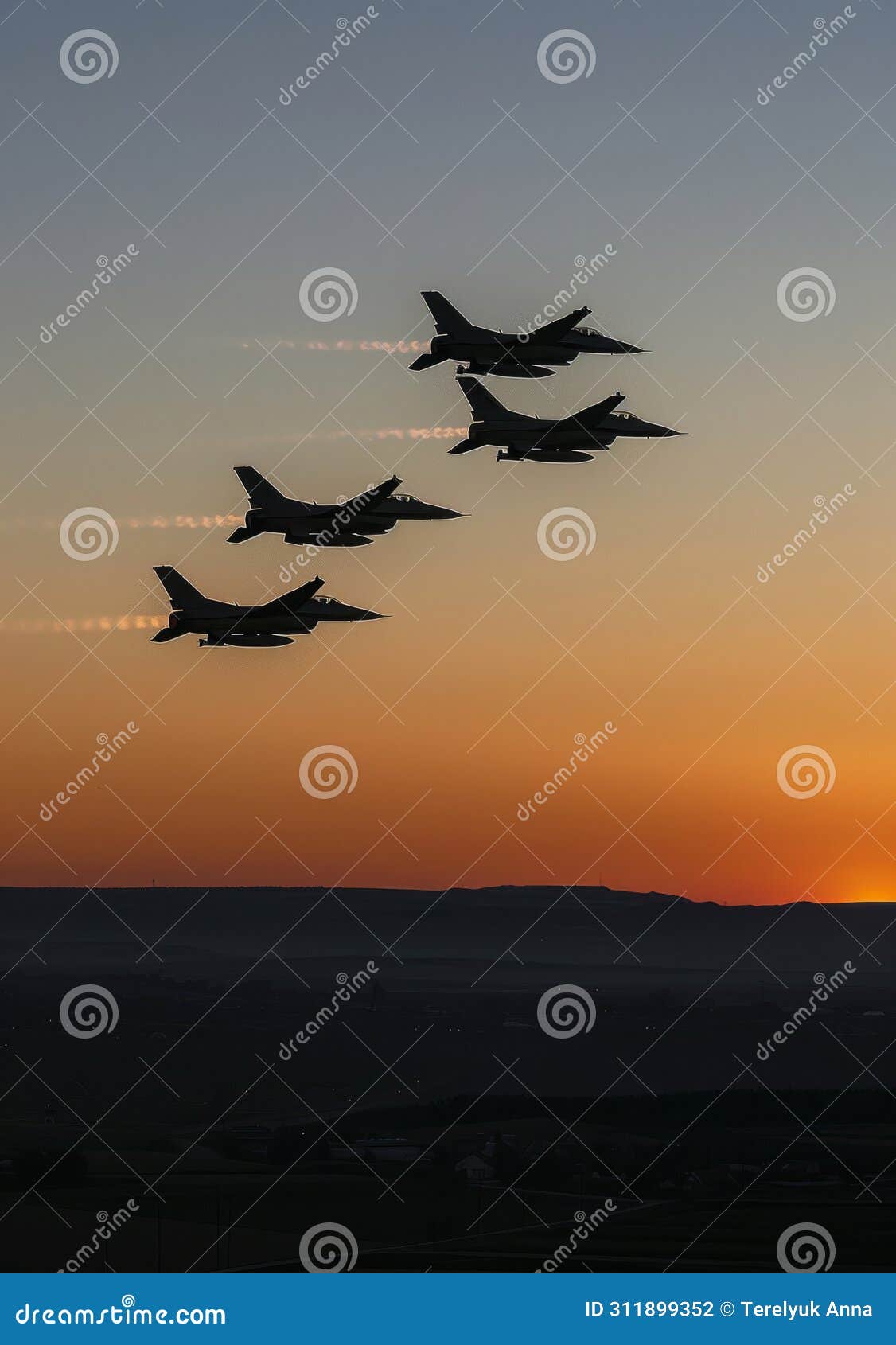 Four Fighter Jets Flying in Formation in the Evening Sky Stock Photo ...