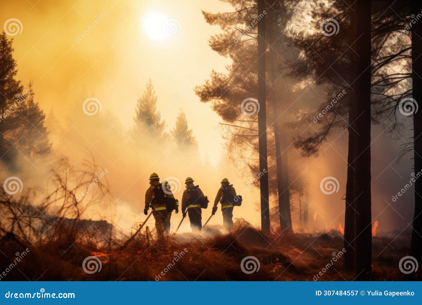 Four Firefighters Walk through a Forest with Flames Stock Illustration ...