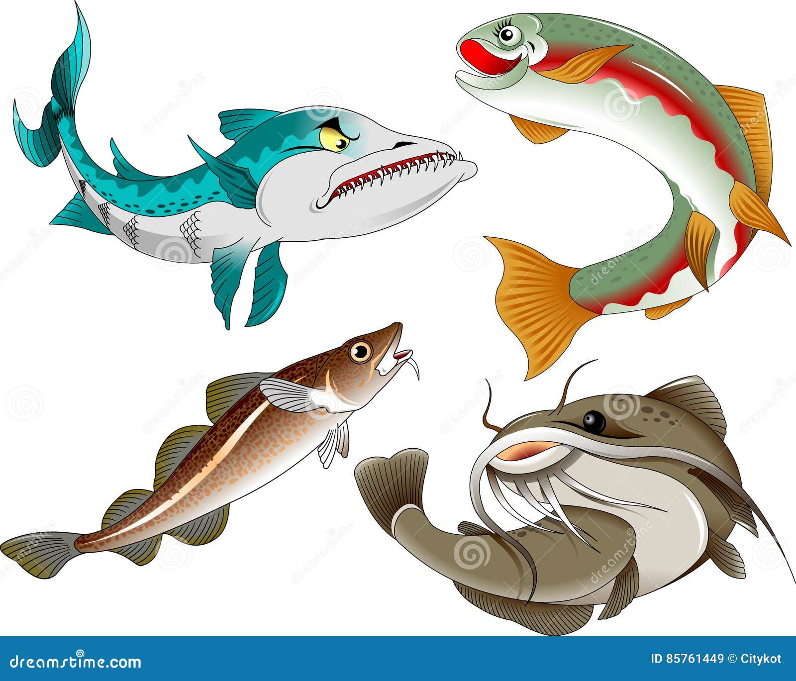 Four fish stock illustration. Illustration of cartoon - 85761449