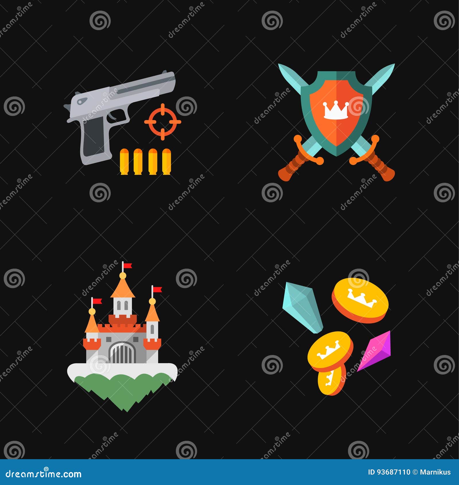 Four flat game icons stock vector. Illustration of money - 93687110