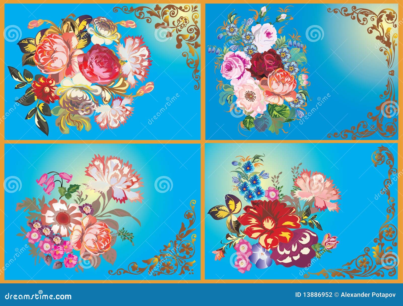 Four Flower Designs on Blue Stock Vector - Illustration of color, flora ...