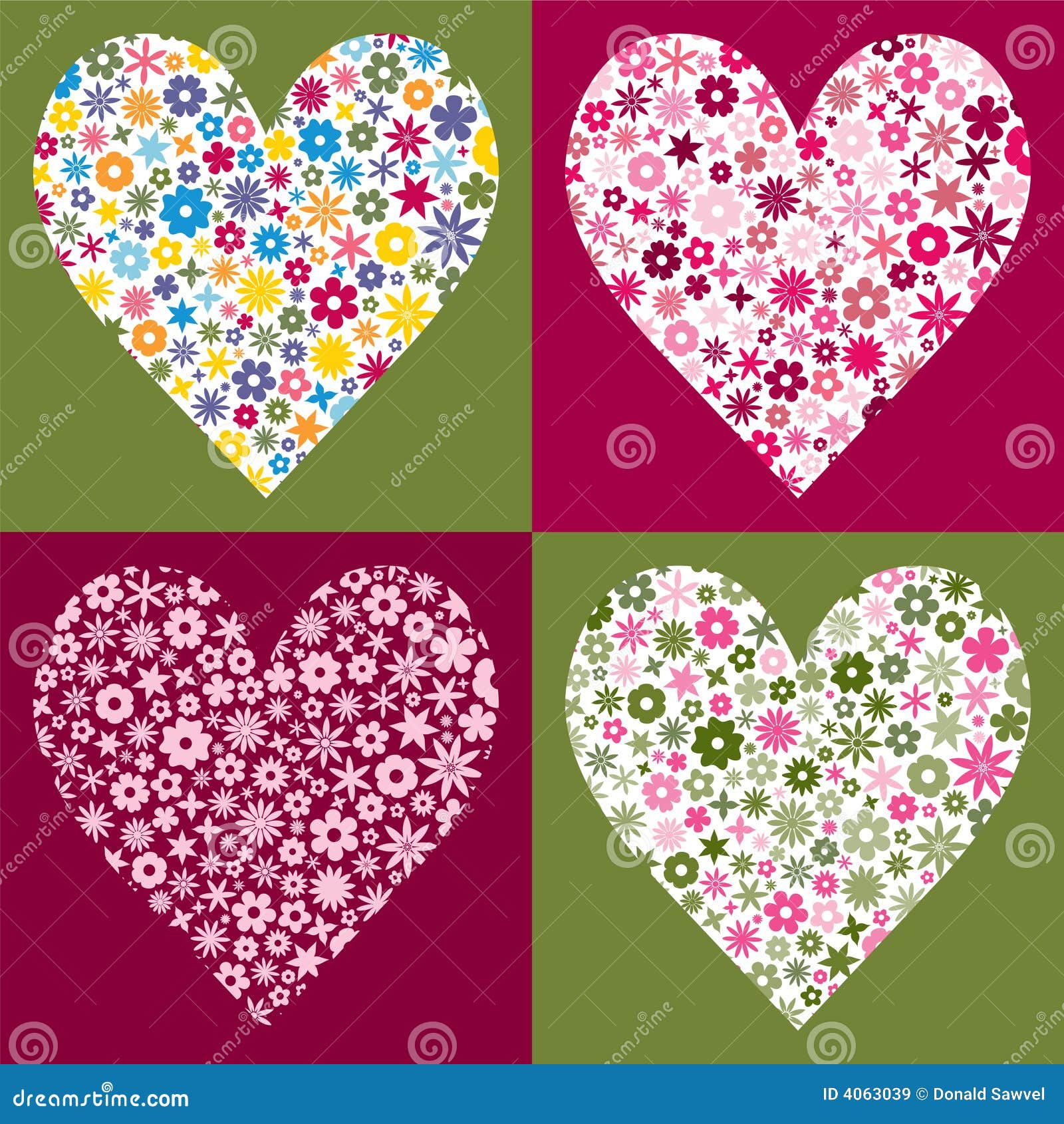 Four Flower Filled Hearts stock vector. Illustration of valentines ...
